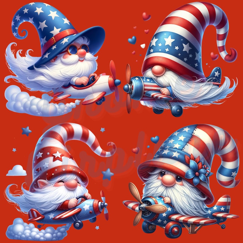 14 Whimsical Gnome Pilot 4th July PNG, Patriotic Airplane Clipart for ...