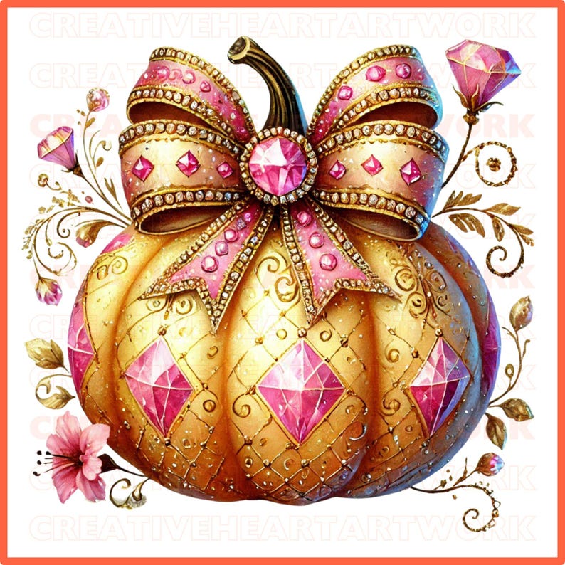 Royal Pink Diamond Pumpkin Clipart With Golden Bow, Pink Gemstone ...