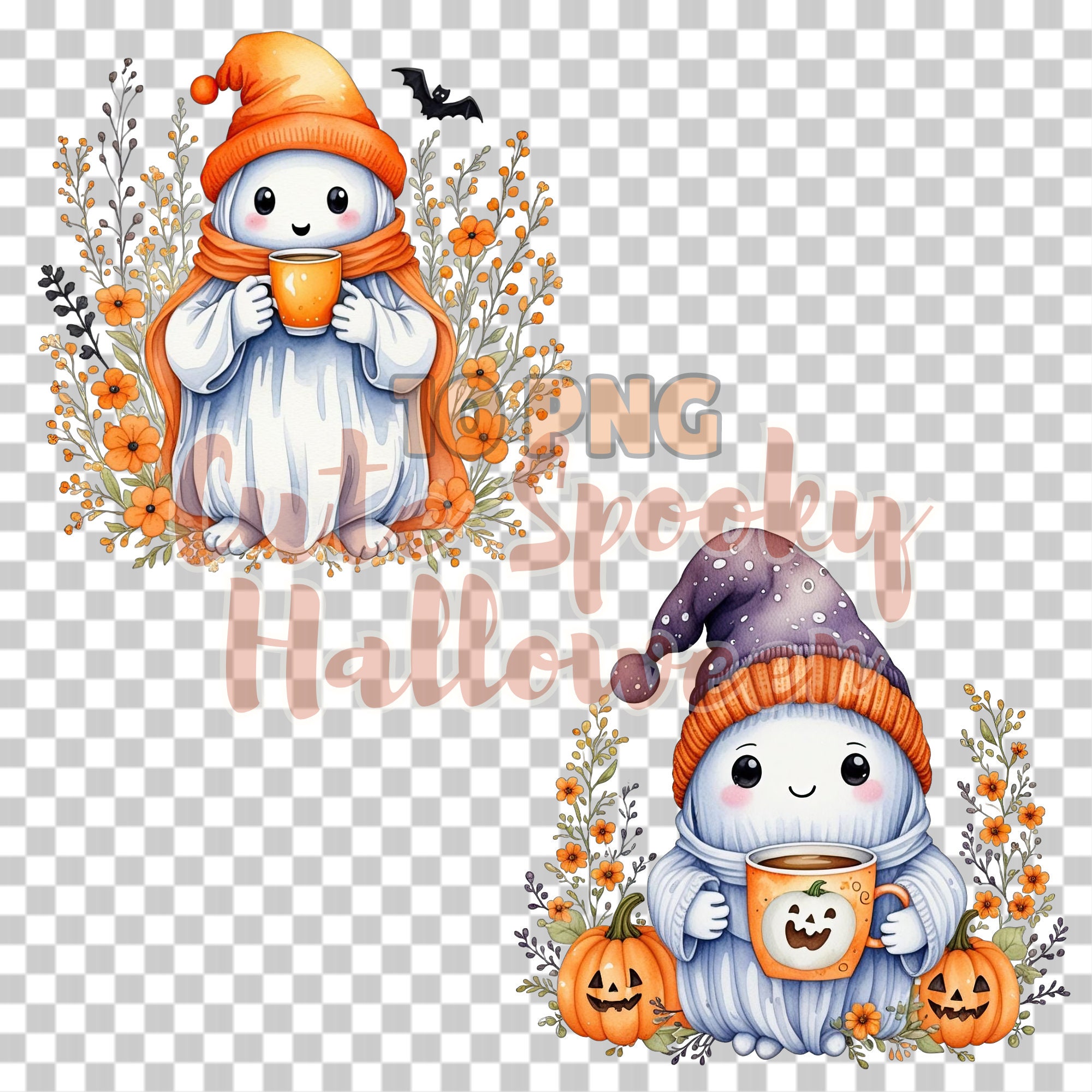 Cute Spooky Ghost Halloween Clipart, Watercolor Ghost Autumn Design ...
