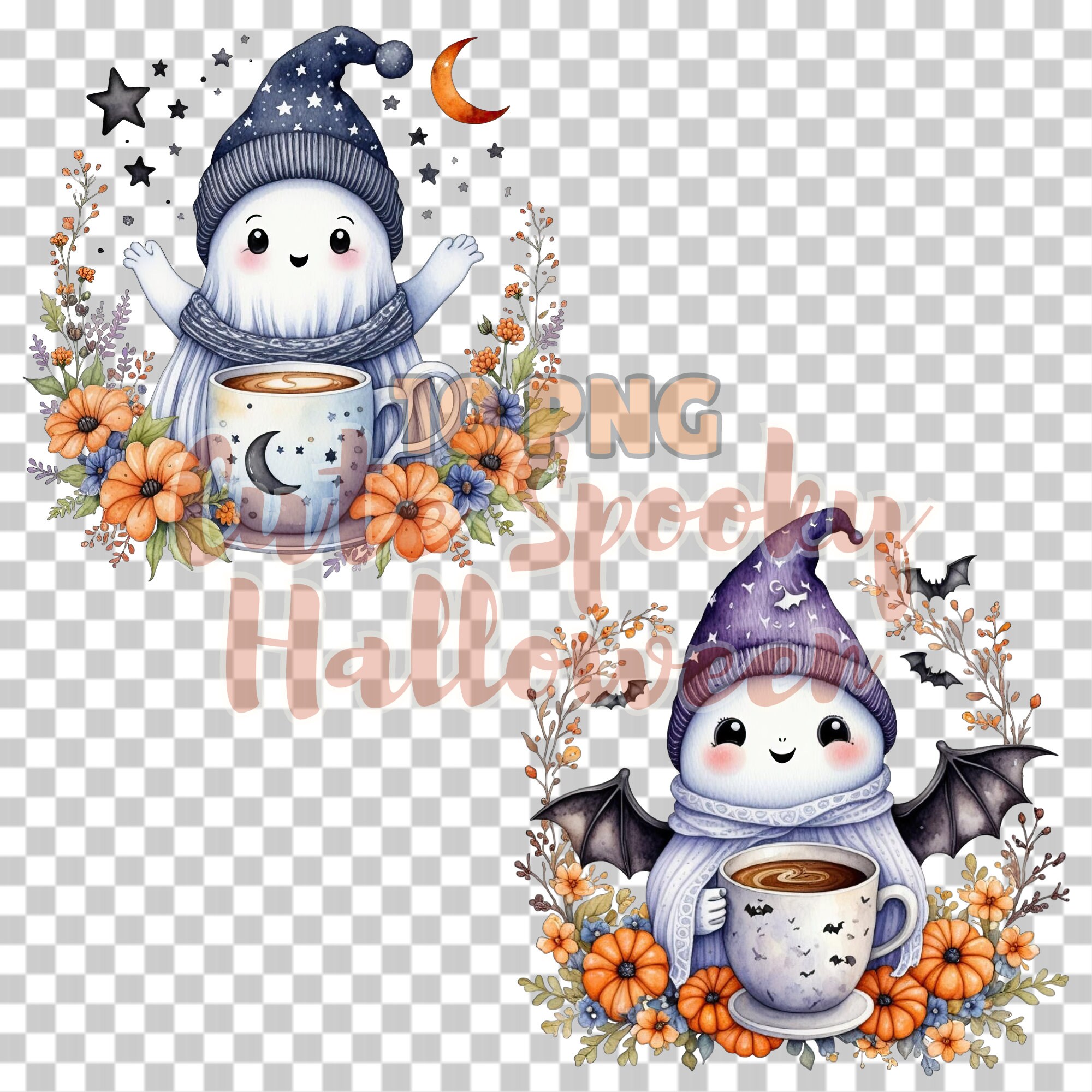 Cute Spooky Ghost Halloween Clipart, Watercolor Ghost Autumn Design ...