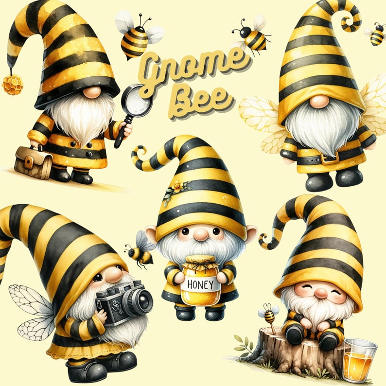 12 Whimsical Gnome Bee Costume Watercolor Flower Bee Clipart Bundles ...