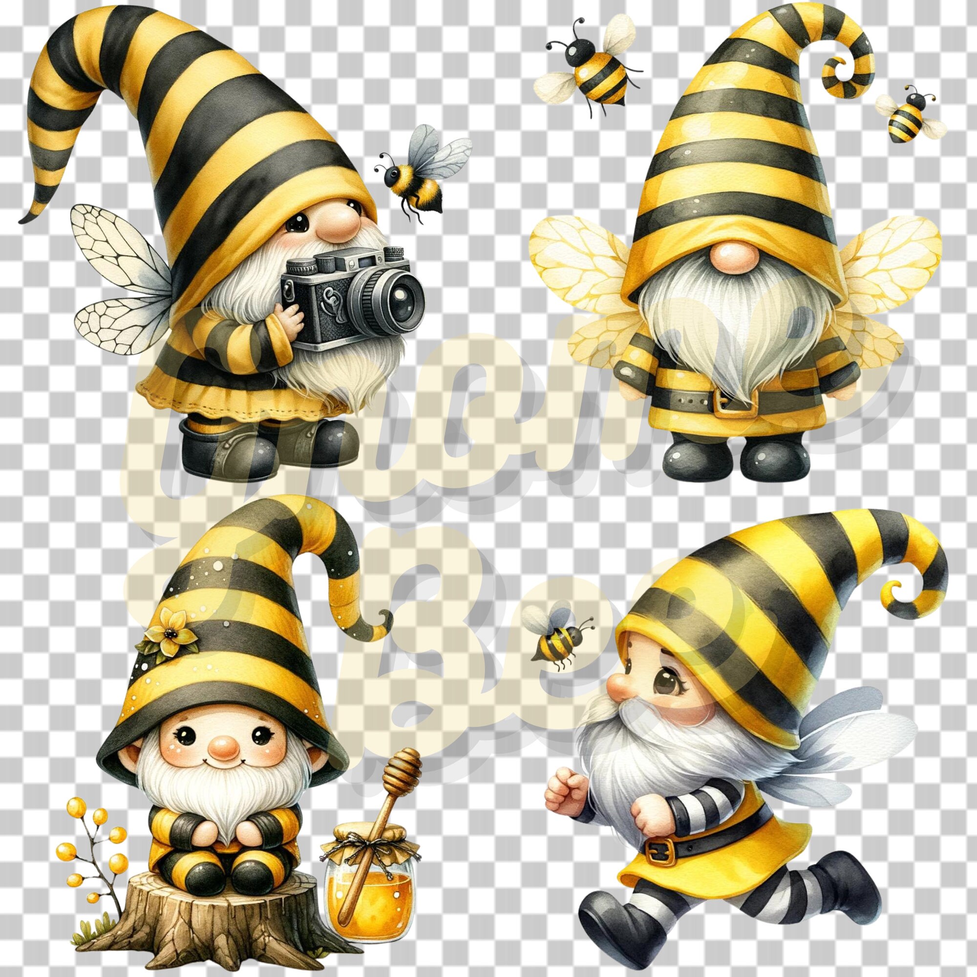 12 Whimsical Gnome Bee Costume Watercolor Flower Bee Clipart Bundles ...