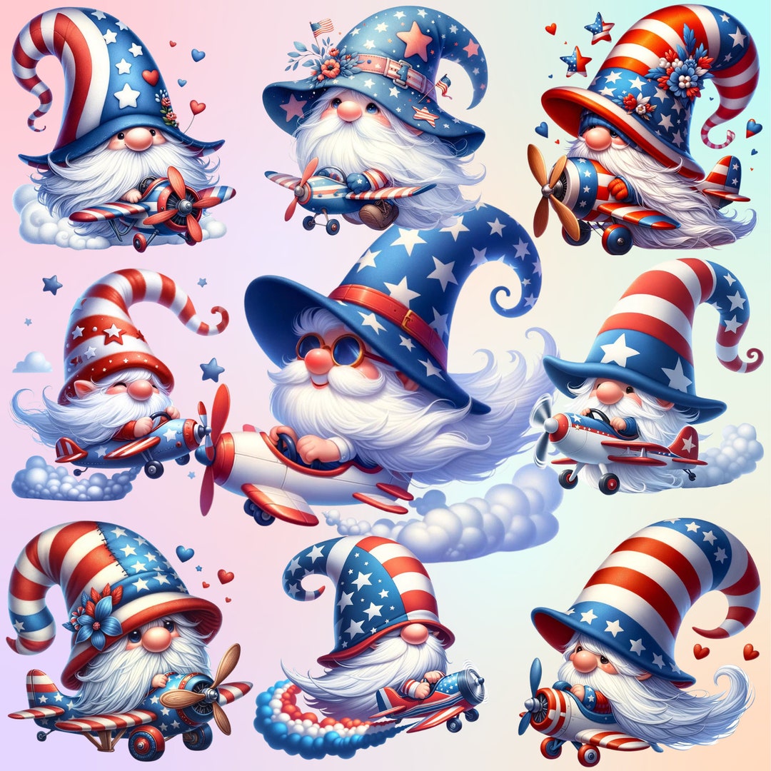 14 Whimsical Gnome Pilot 4th July PNG, Patriotic Airplane Clipart for ...