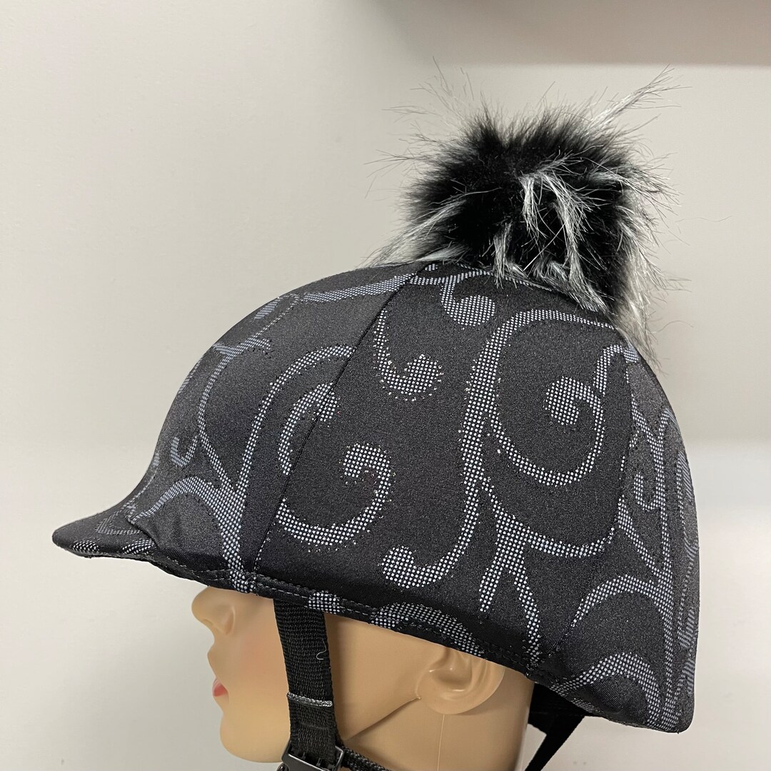 Pom Pom Horse RIDING Helmet/hat COVER in Black With Sparkle Print Lycra ...