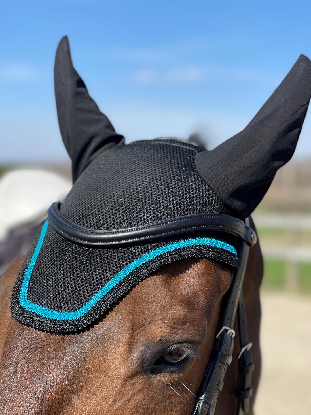 CHOOSE Your SIZE BONNET, in Black Mesh With Turquoise Blue Accent. Pony ...
