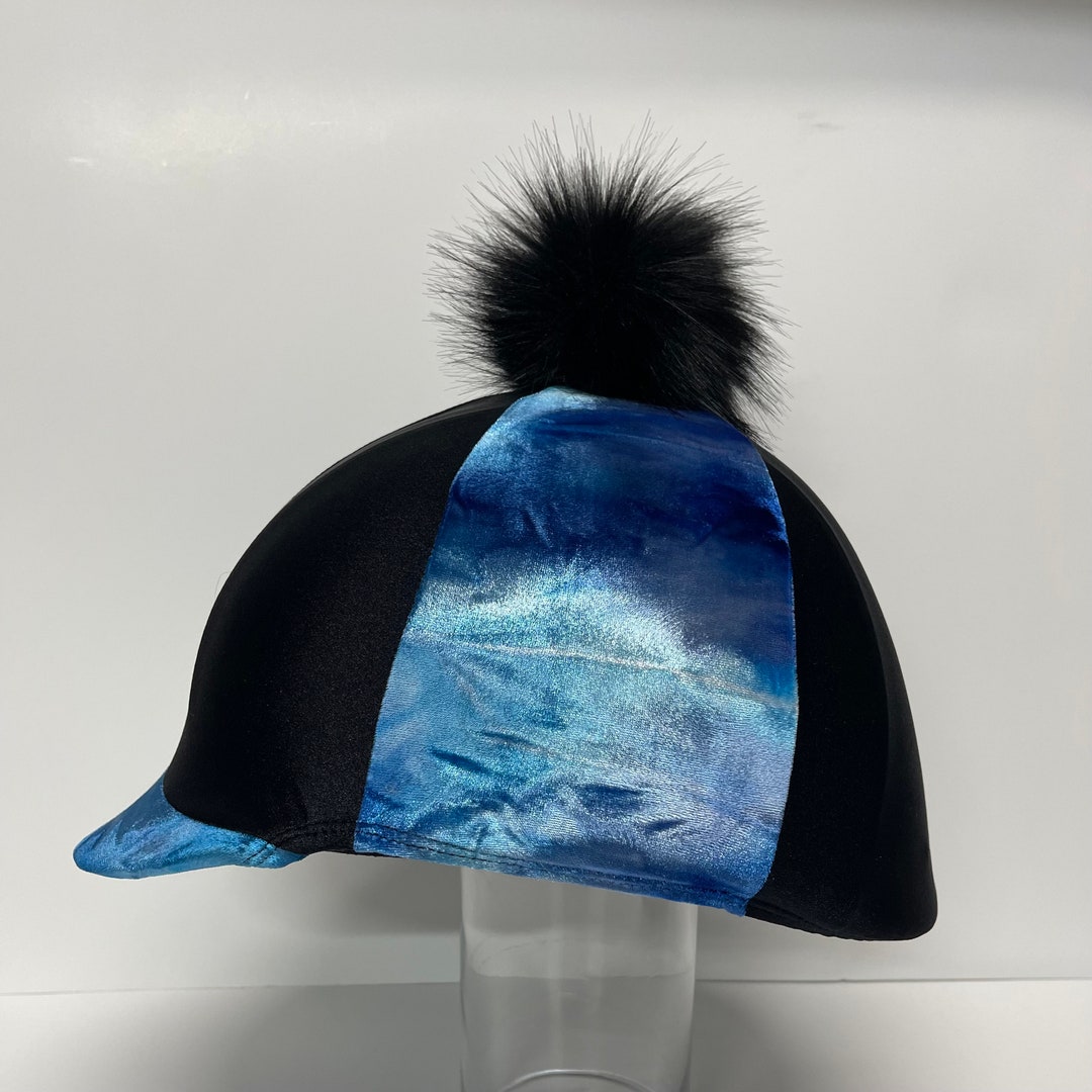 Pom Pom Horse RIDING Helmet/hat COVER in Black With Blue Mix Velvet ...