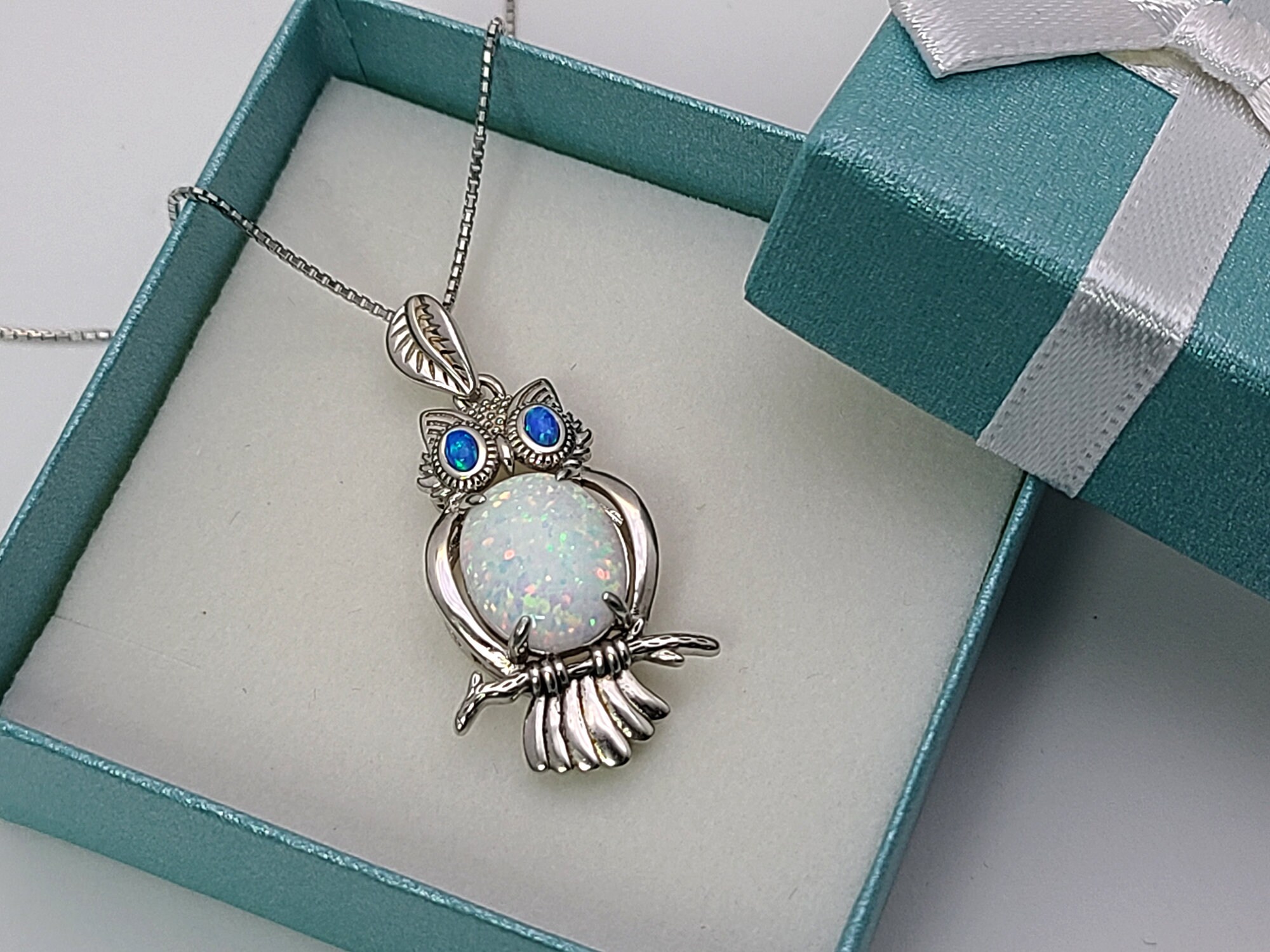 White Opal Owl Necklace With Blue Opal Eyes. 16 or 18 | Etsy