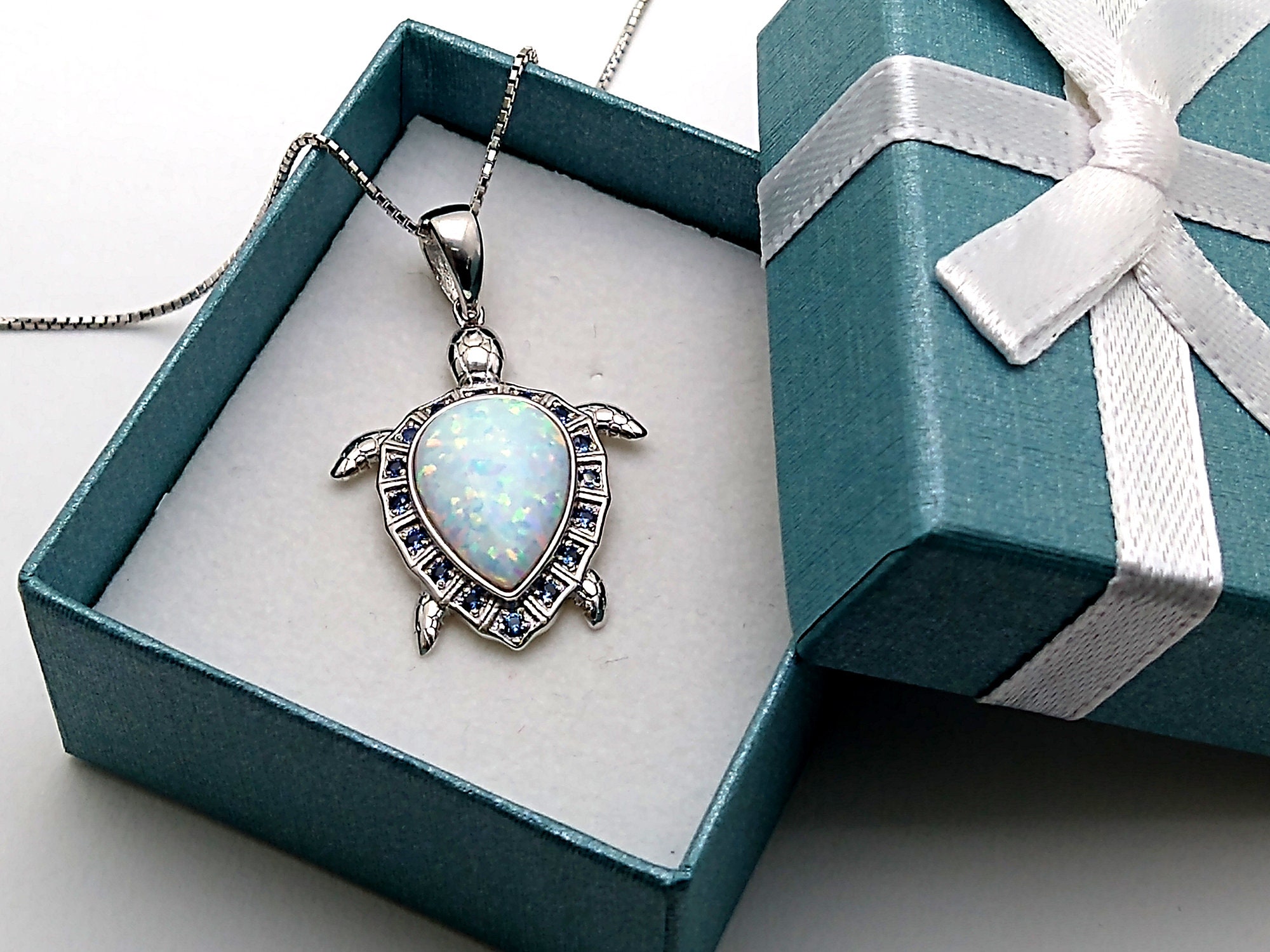 White Opal Sea Turtle Necklace With Aquamarine Accents. 925 | Etsy