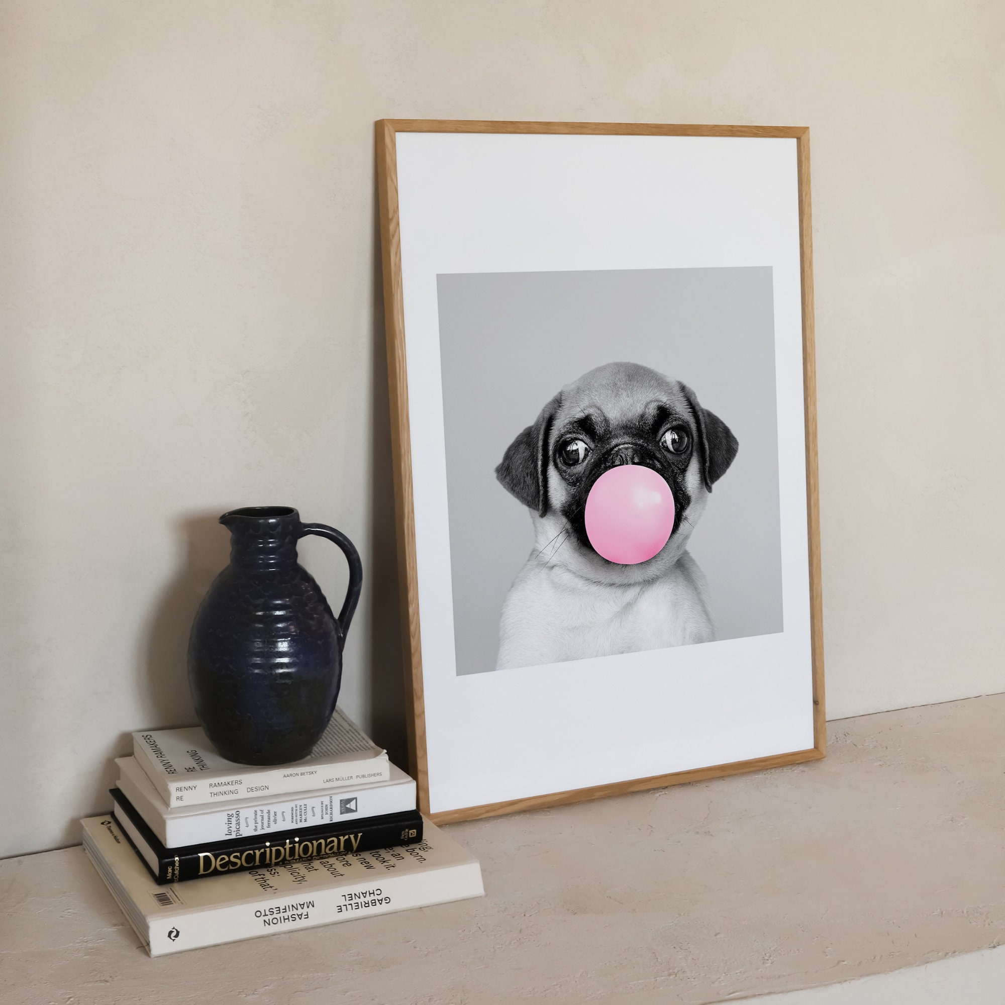 Cute Pug Art, Pink Bubble Gum Art, Modern and Classy Elegant Art Print ...