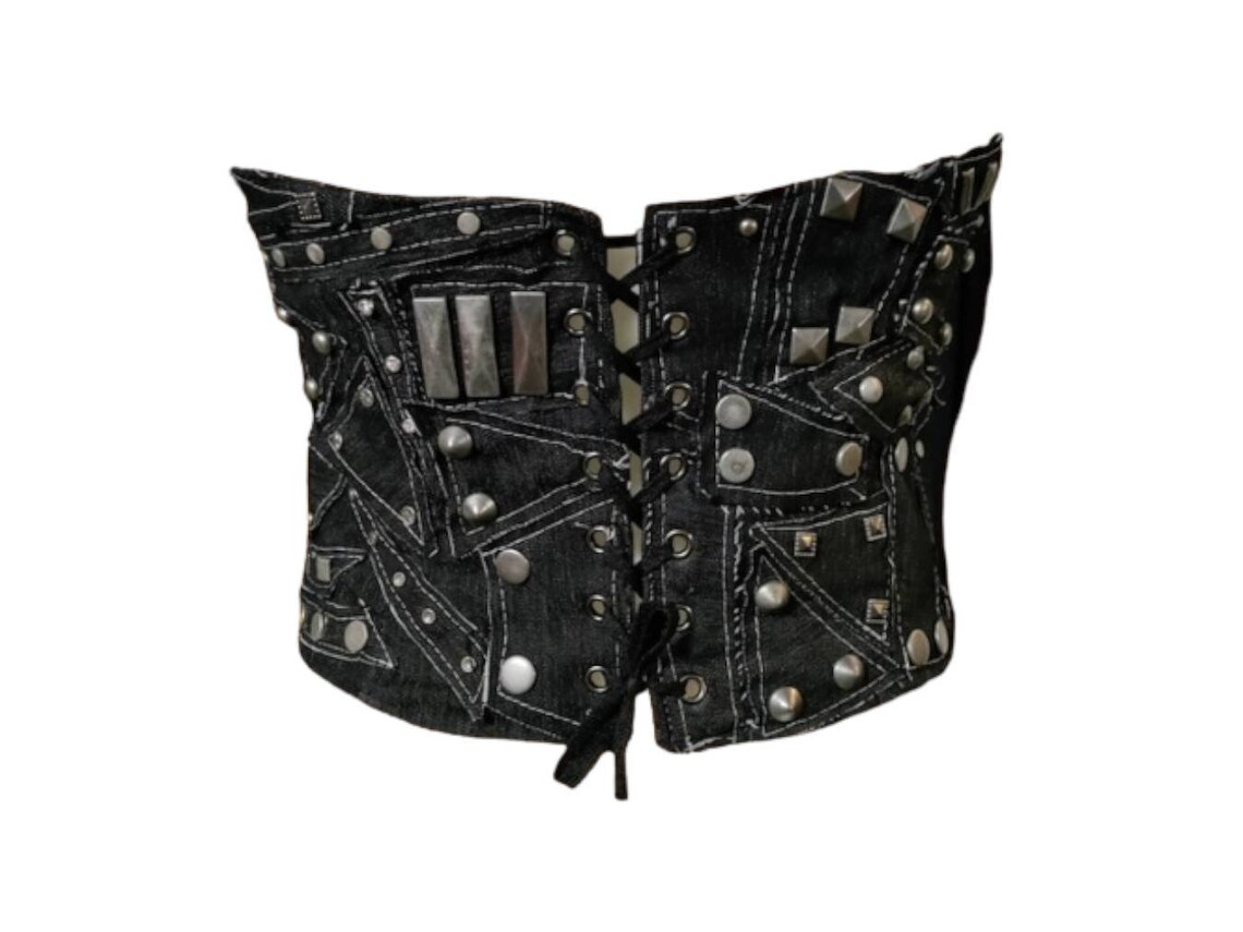 Denim Corset Bustier With Studs and Zipper Detail - Etsy