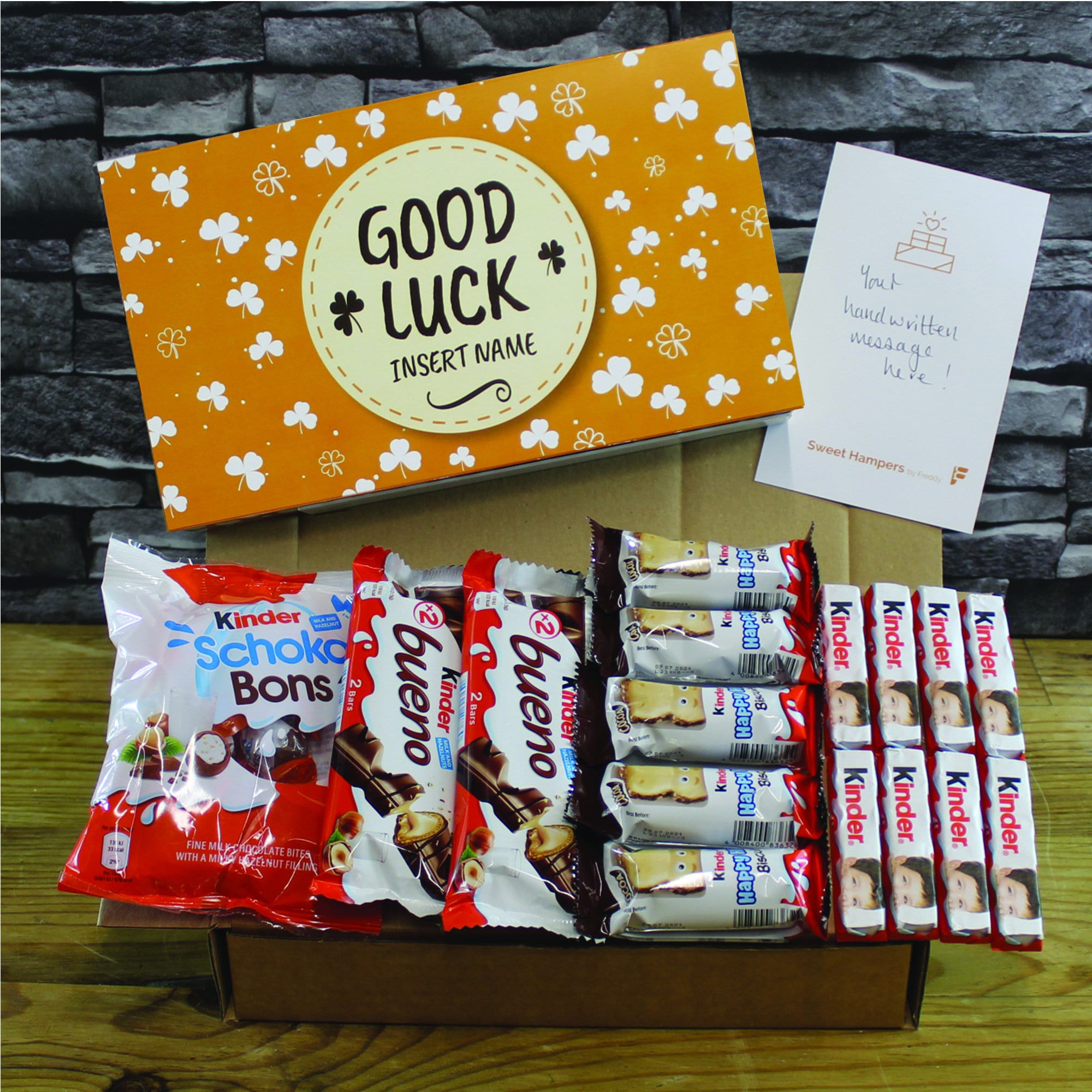 Personalised Good Luck Gift, Large Kinder Chocolate Sweet Hamper Gift ...