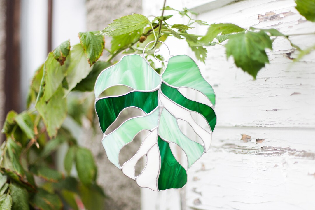 Monstera Leaf Stained Glass Suncatcher: Variegated Window Hanging - Etsy