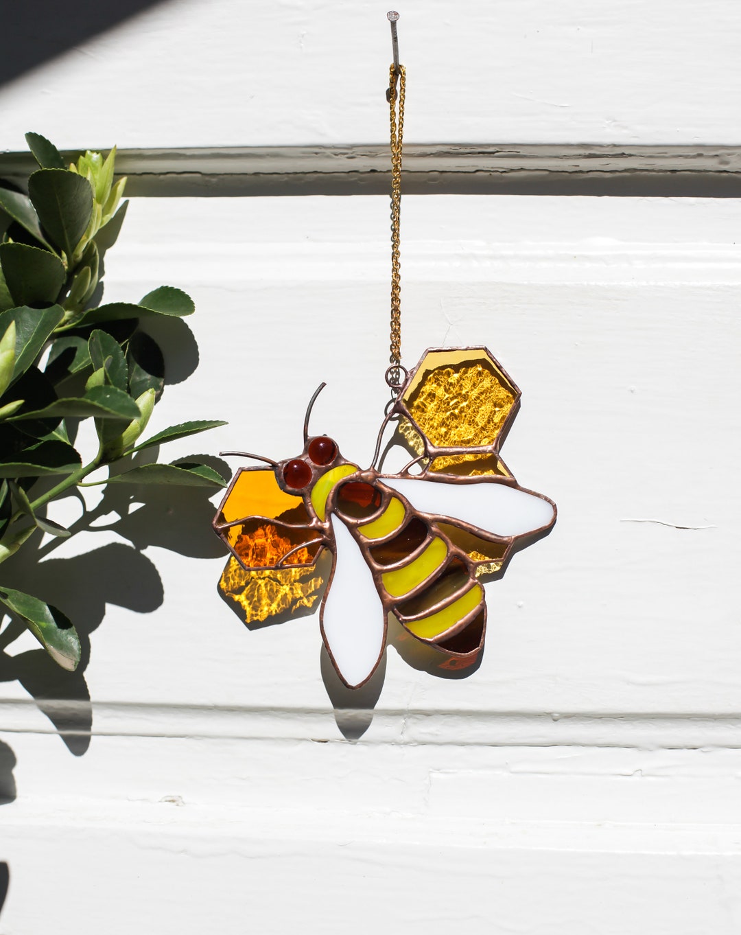 Bee Stained Glass -window Corner Décor, Colorful Honeycomb Bee ...