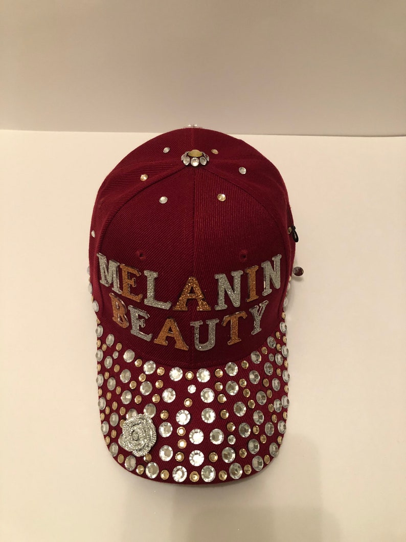 Burgundy 'melanin Beauty' 6 Panel Bling Baseball Cap With Gold and ...
