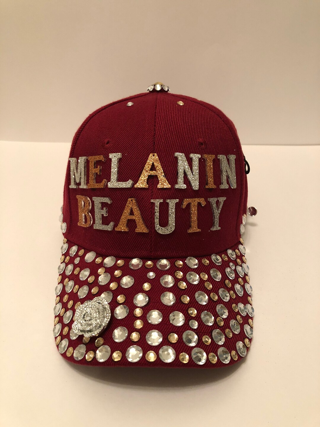 Burgundy 'melanin Beauty' 6 Panel Bling Baseball Cap With Gold and ...