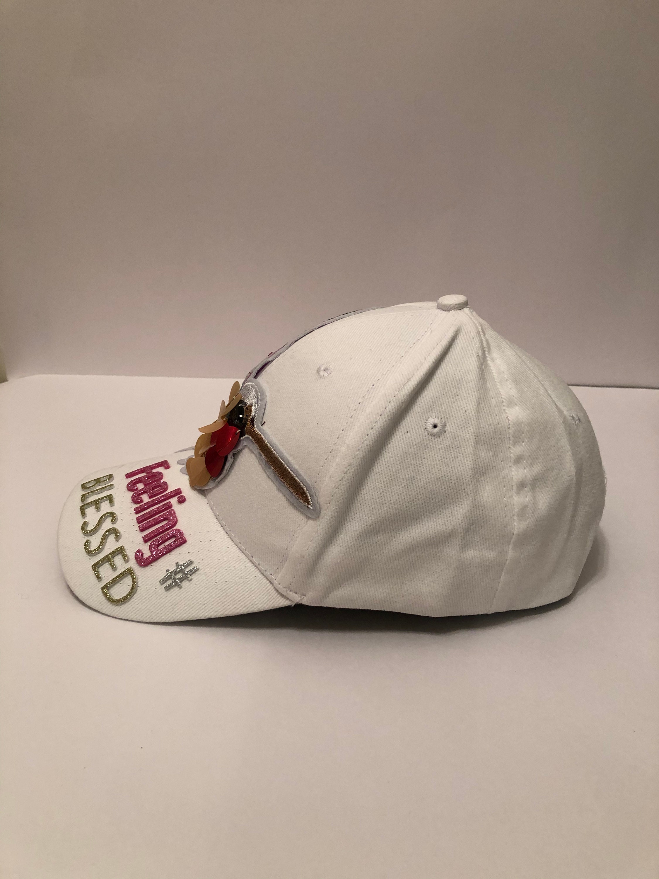 White 'feeling Blessed' 6 Panel Bling Baseball Cap With Embroidered ...