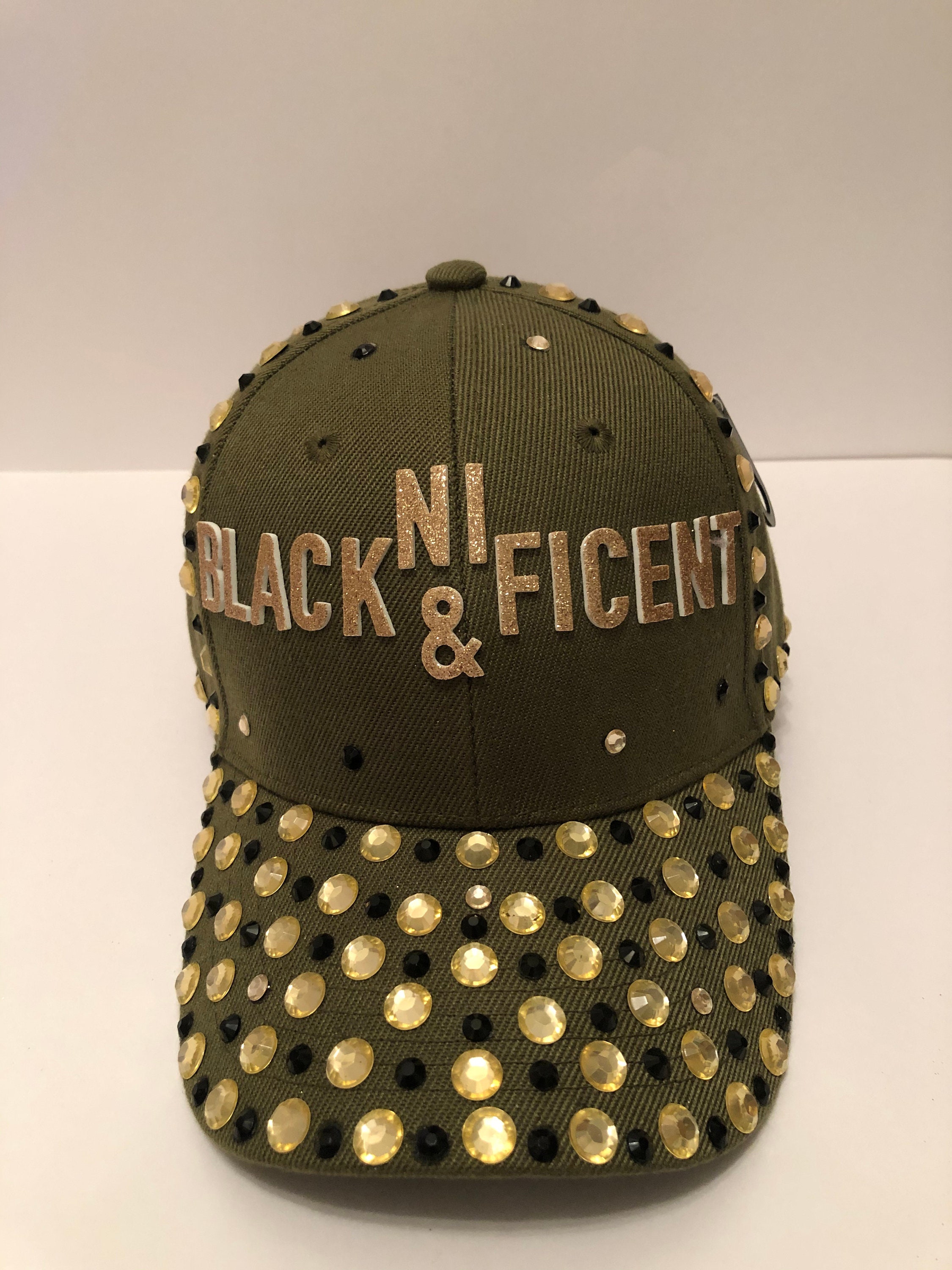 Army Green 'blacknificent' 6 Panel Bling Baseball Cap With Black and ...