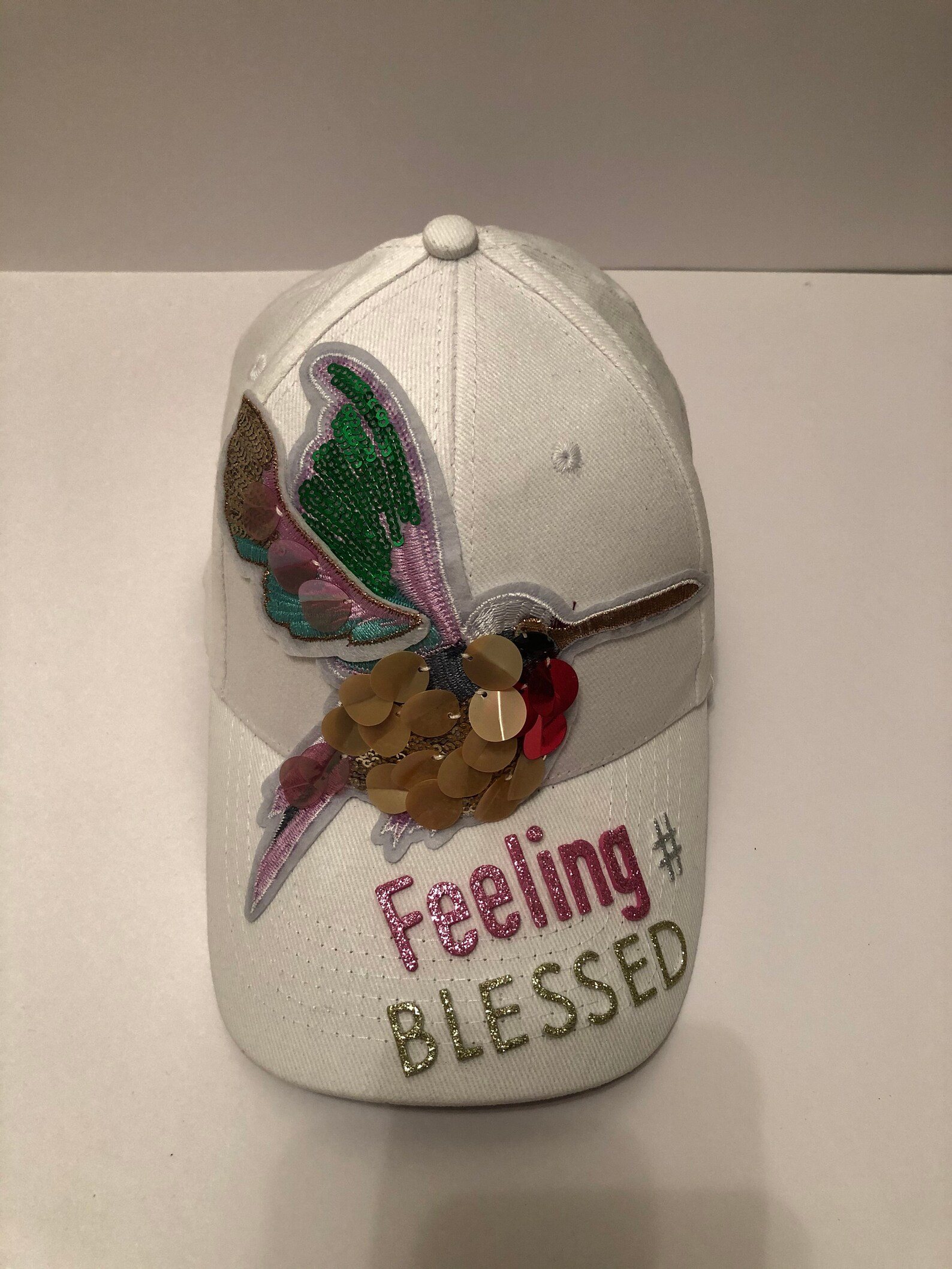 White 'feeling Blessed' 6 Panel Bling Baseball Cap With Embroidered ...