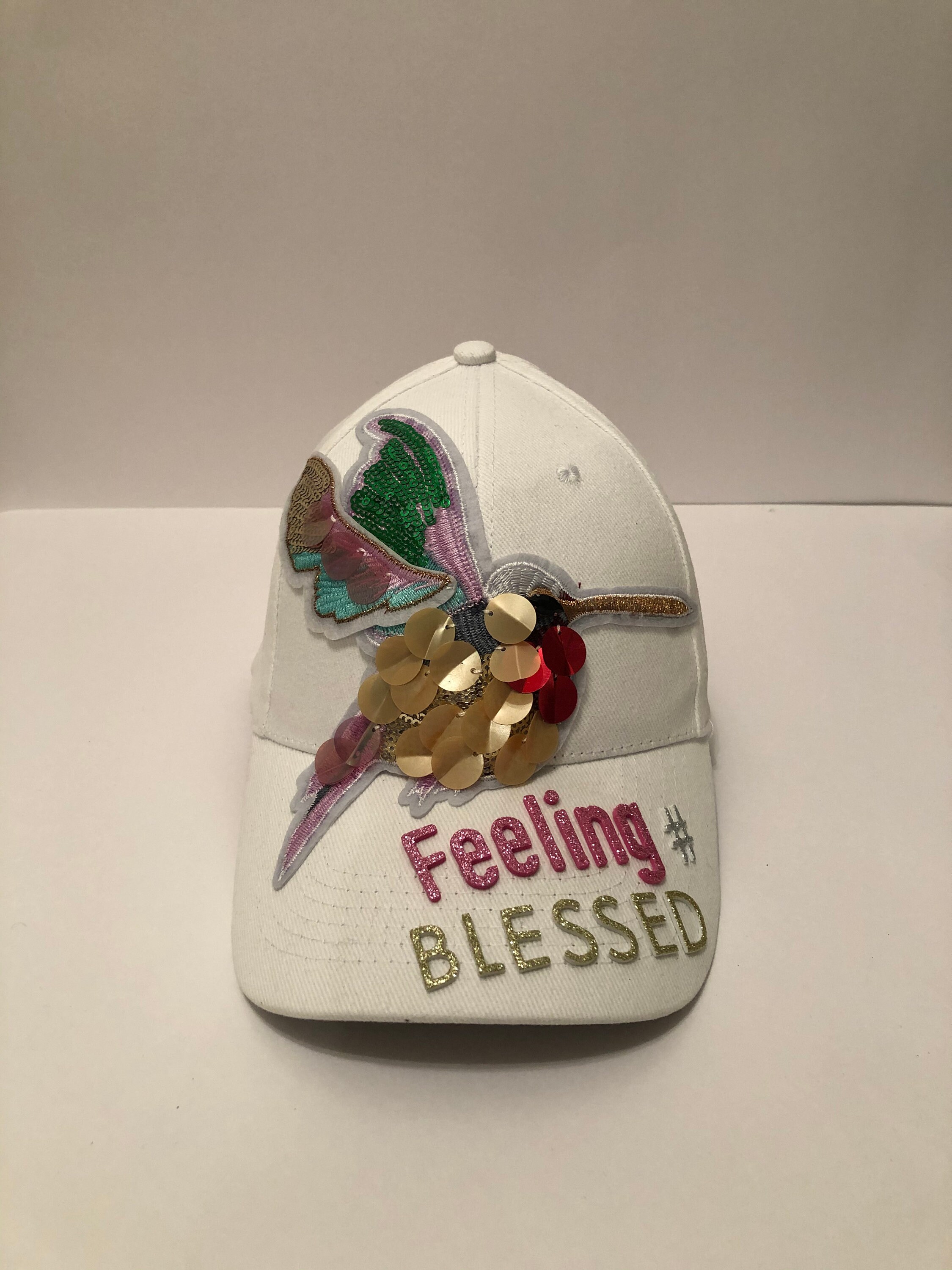 White 'feeling Blessed' 6 Panel Bling Baseball Cap With Embroidered ...