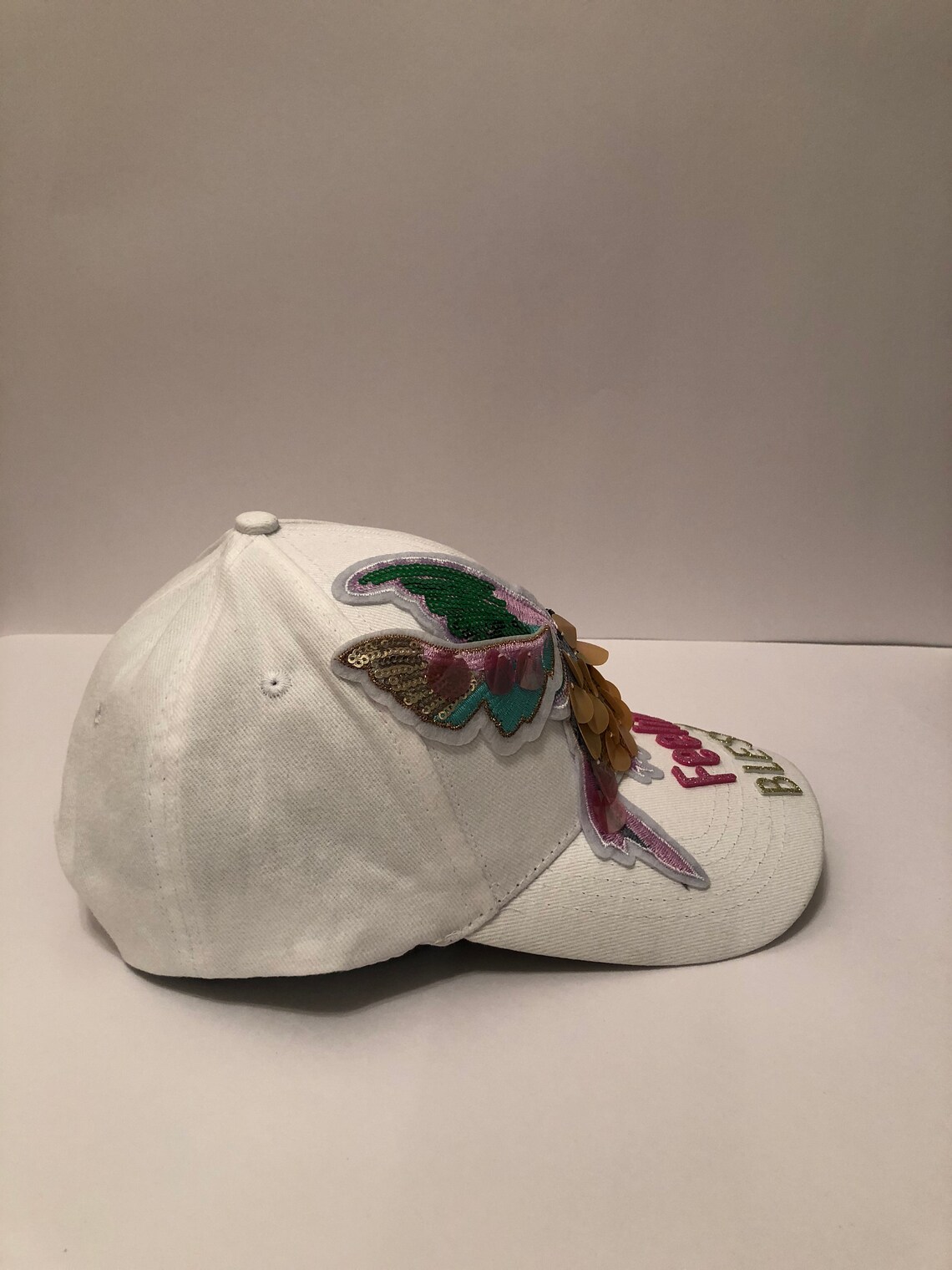 White 'feeling Blessed' 6 Panel Bling Baseball Cap With Embroidered ...