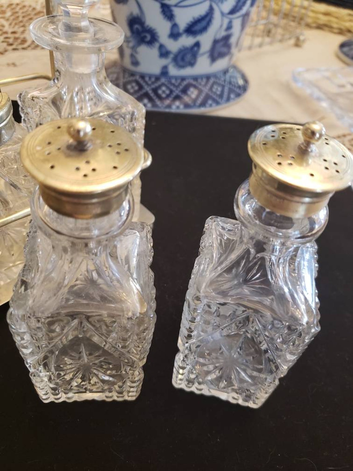 Silver Plated EPNS Rogers Cut Glass Cruet Condiment Set & Caddy in ...
