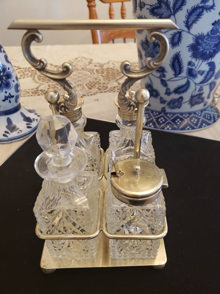 Silver Plated EPNS Rogers Cut Glass Cruet Condiment Set & Caddy in ...