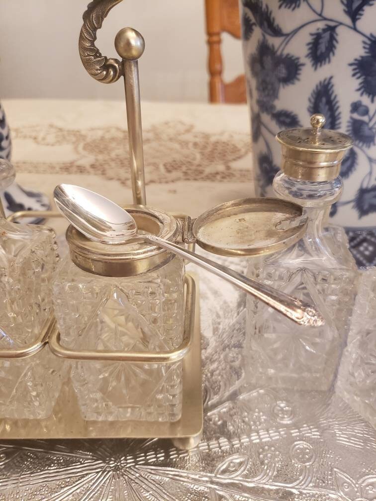 Silver Plated EPNS Rogers Cut Glass Cruet Condiment Set & Caddy in ...