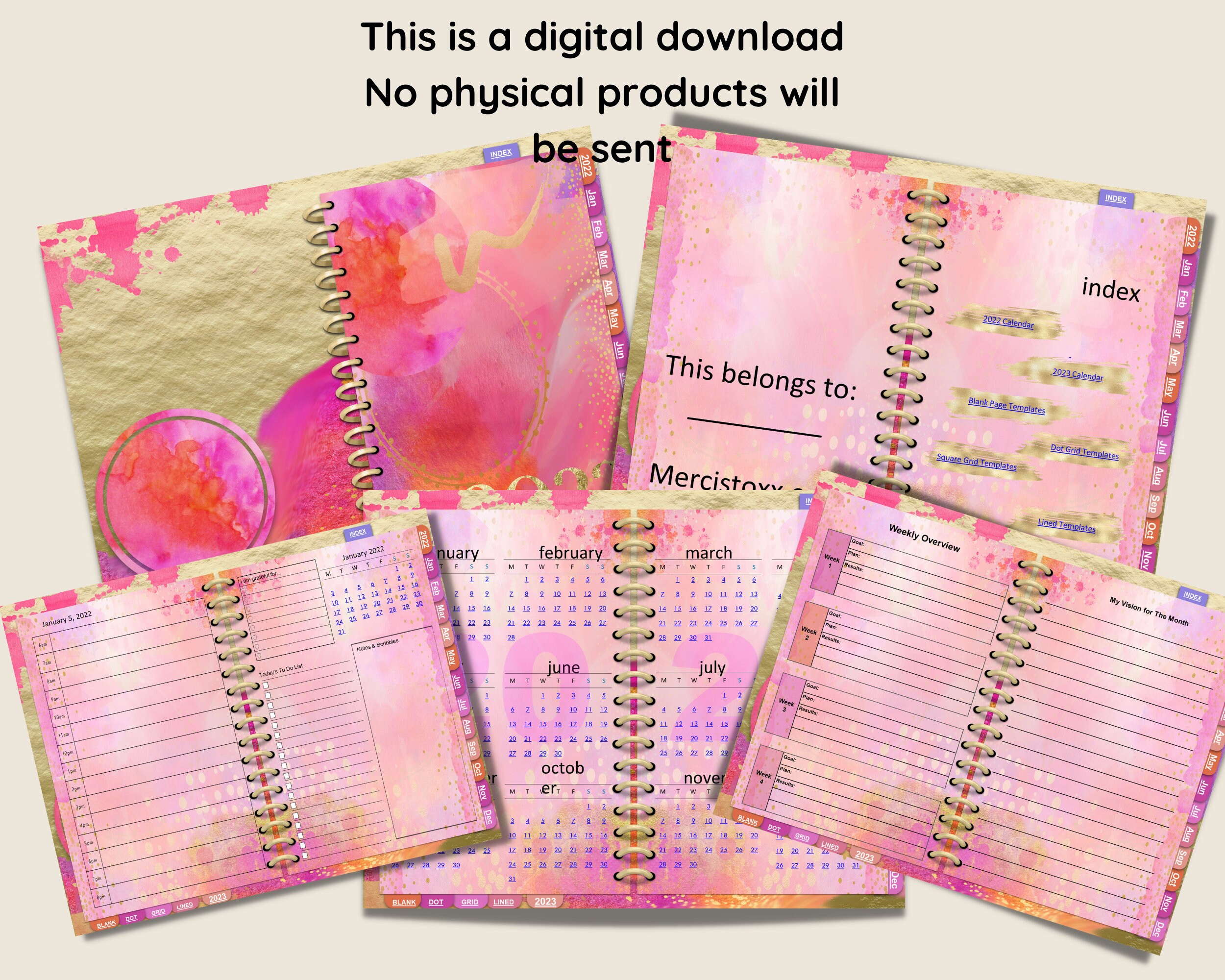 Paper 2022 Pink and Gold Digital Planner and Vision Board Calendars ...