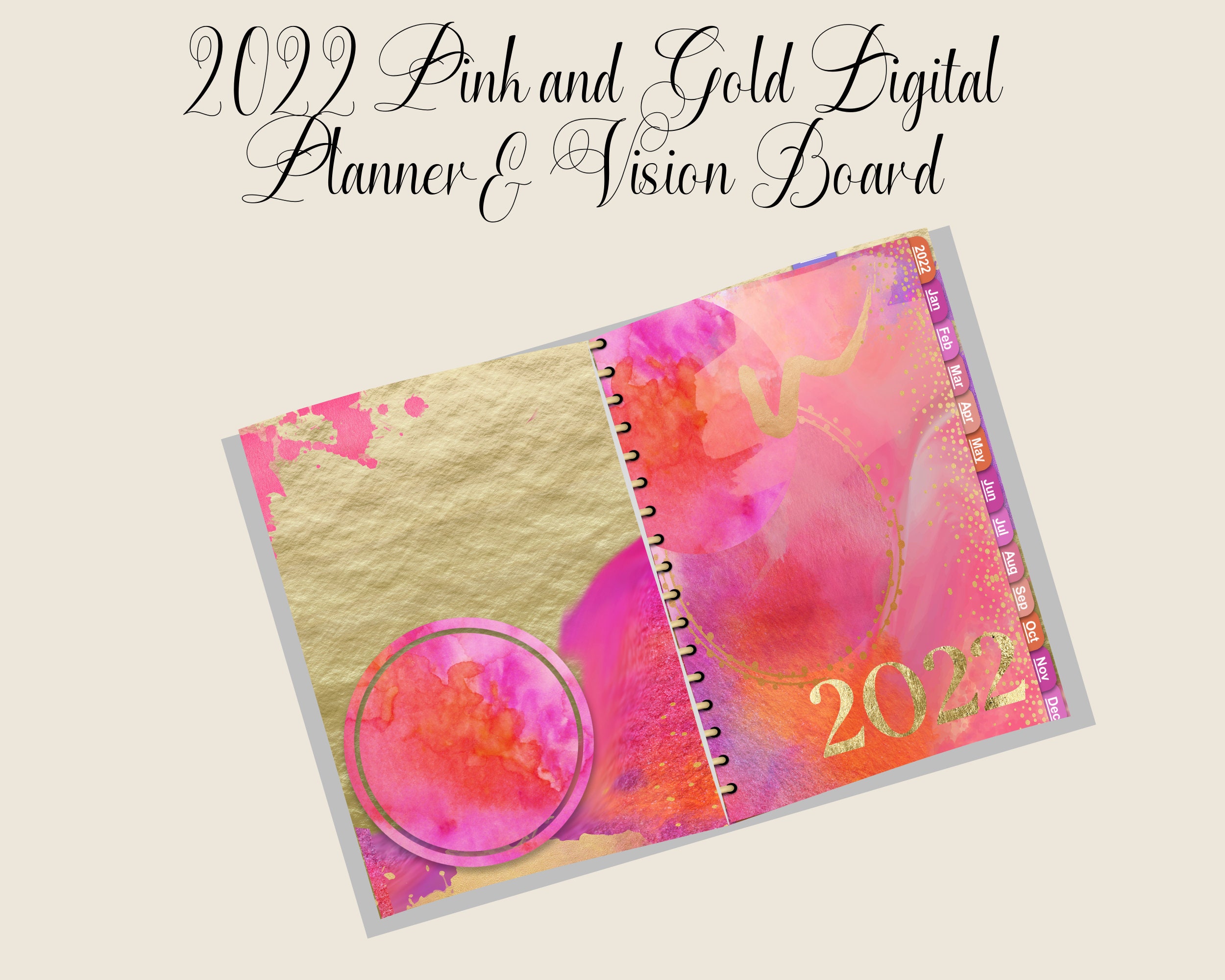 Paper 2022 Pink and Gold Digital Planner and Vision Board Calendars ...
