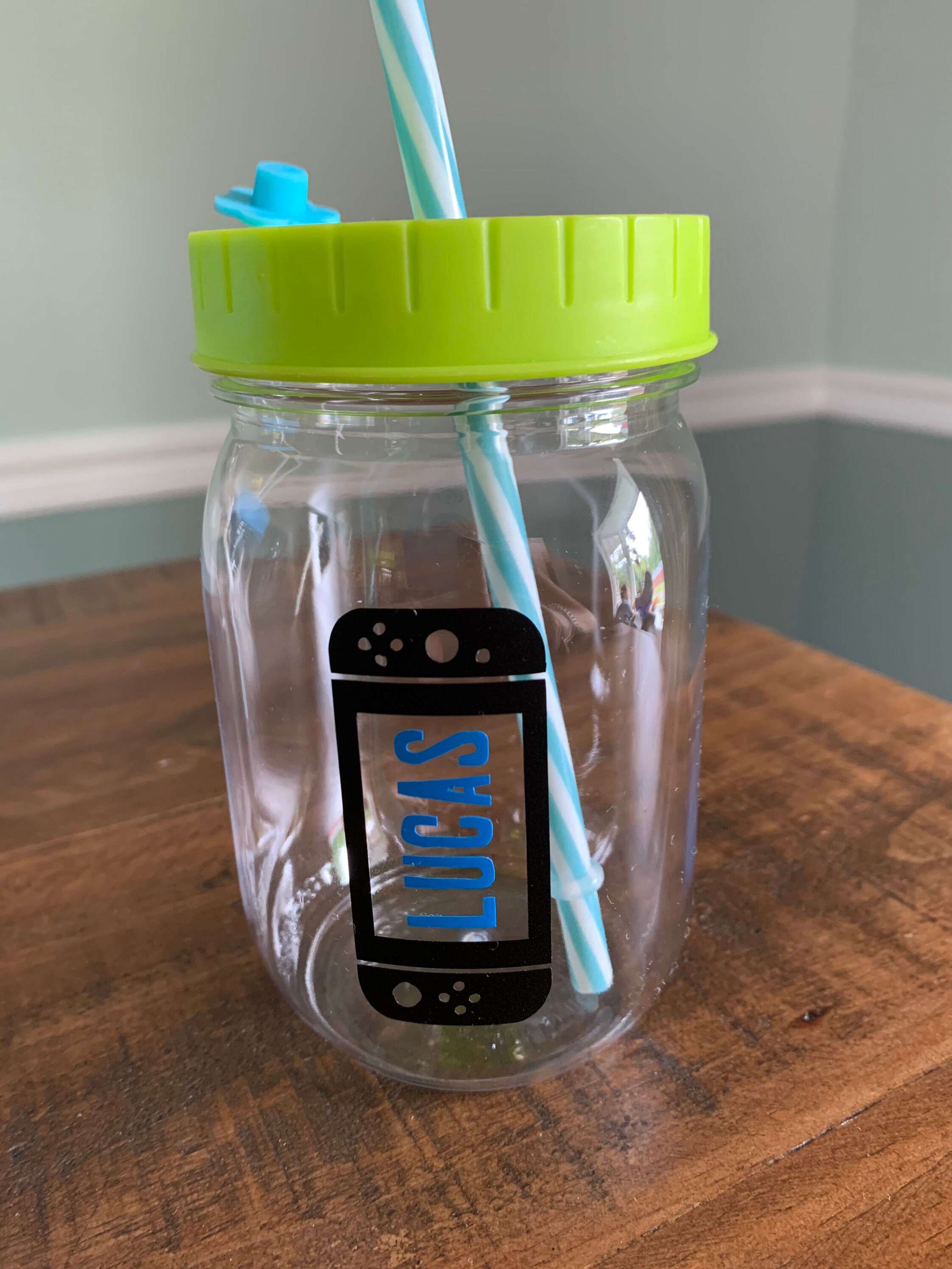 Kids Personalized Mason Jar with lid and straw Kids Party | Etsy