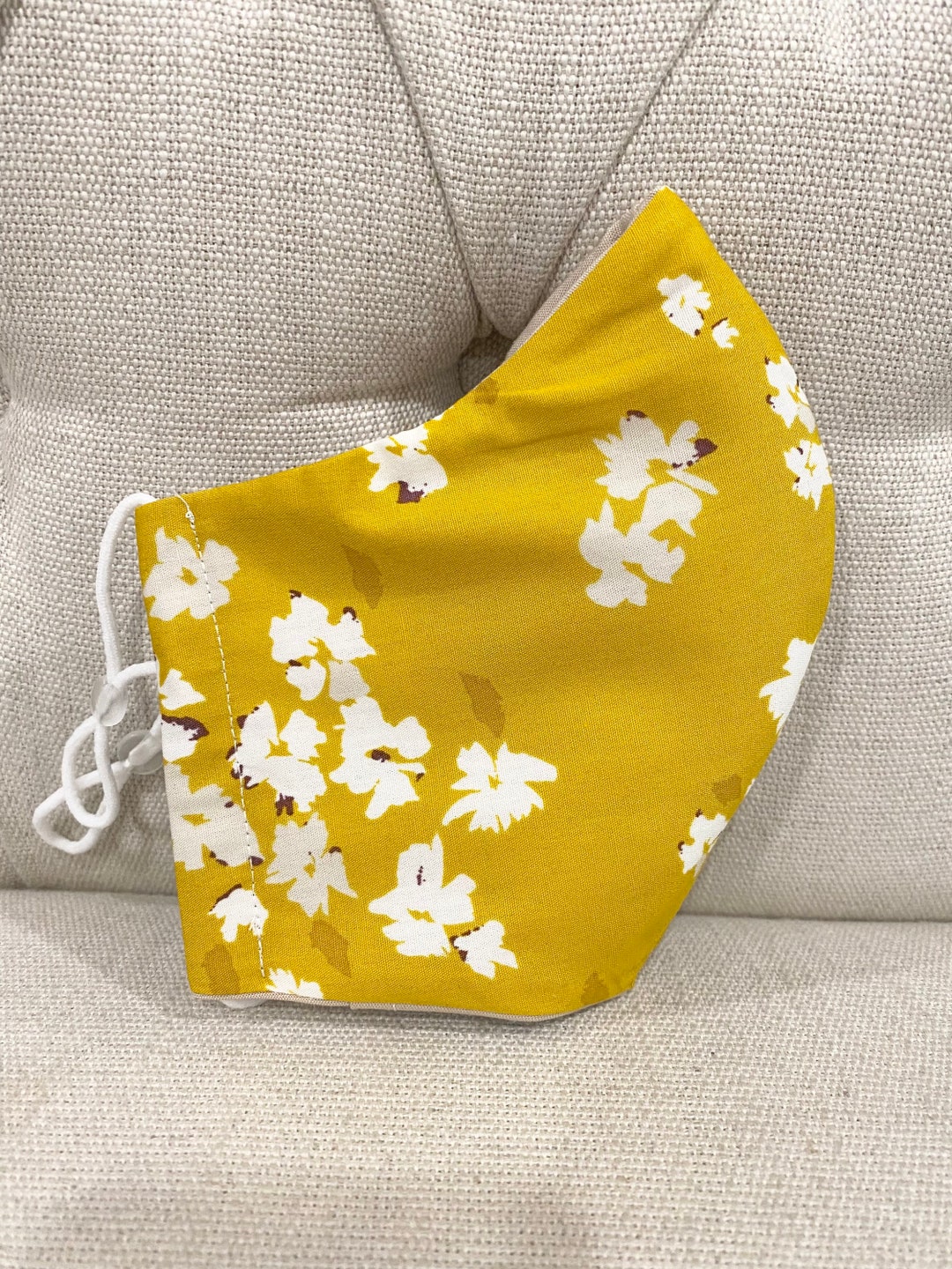 Mustard Color Floral Mask With Filter Pocket, Nose Wire, Adjustable Ear ...