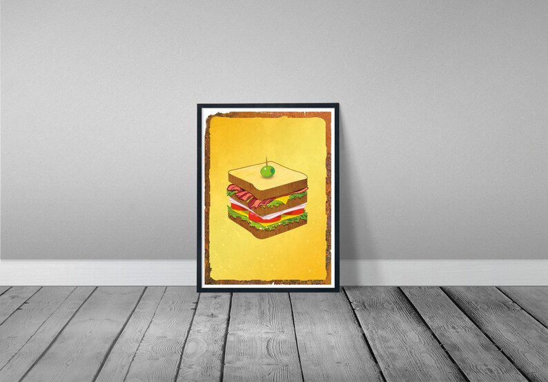 Vintage Club Sandwich on Yellow Rust Background. Food Poster. Digital ...