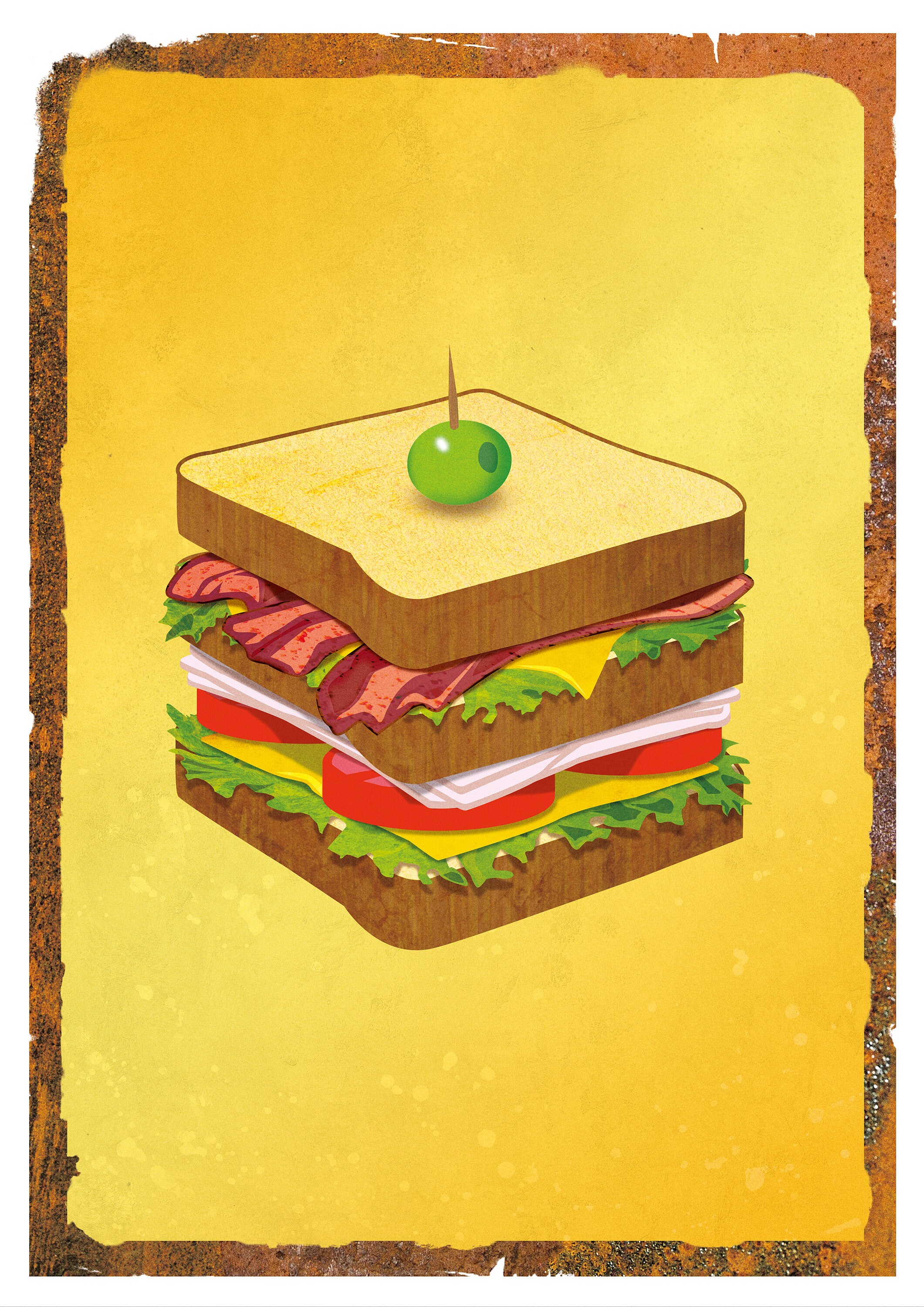 Vintage Club Sandwich on Yellow Rust Background. Food Poster. Digital ...