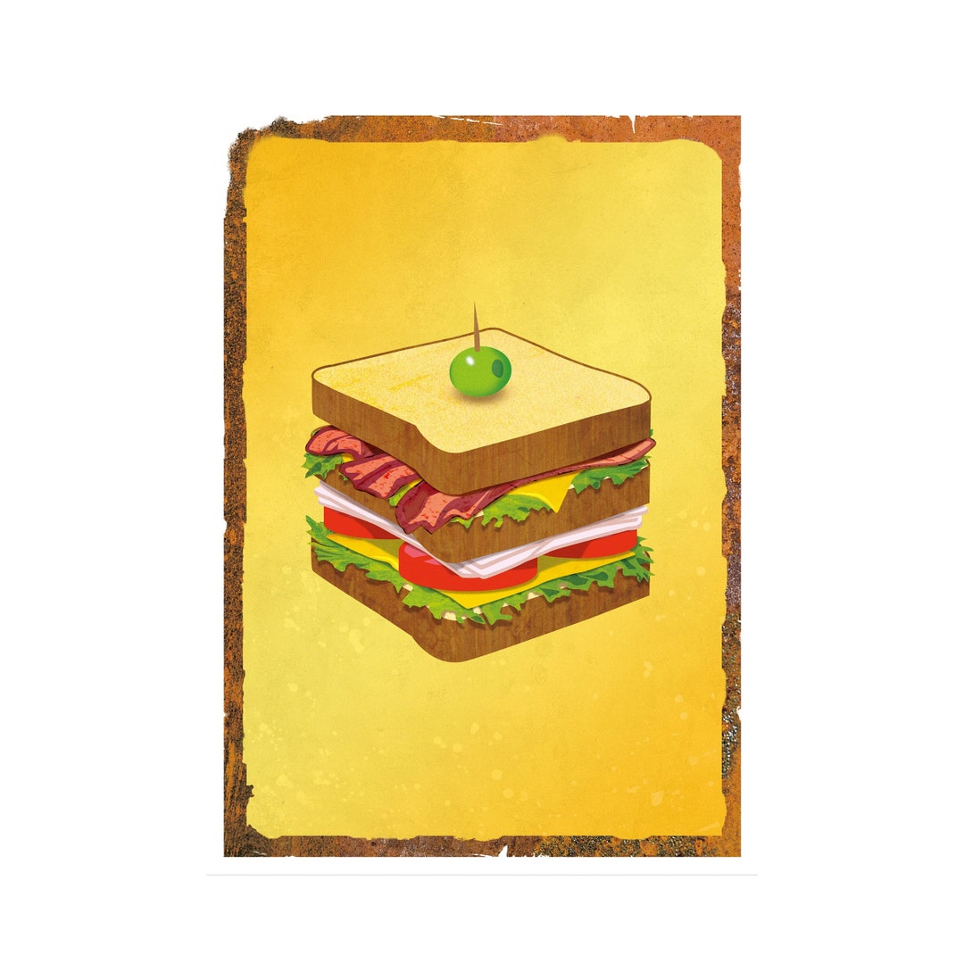 Vintage Club Sandwich on Yellow Rust Background. Food Poster. Digital ...