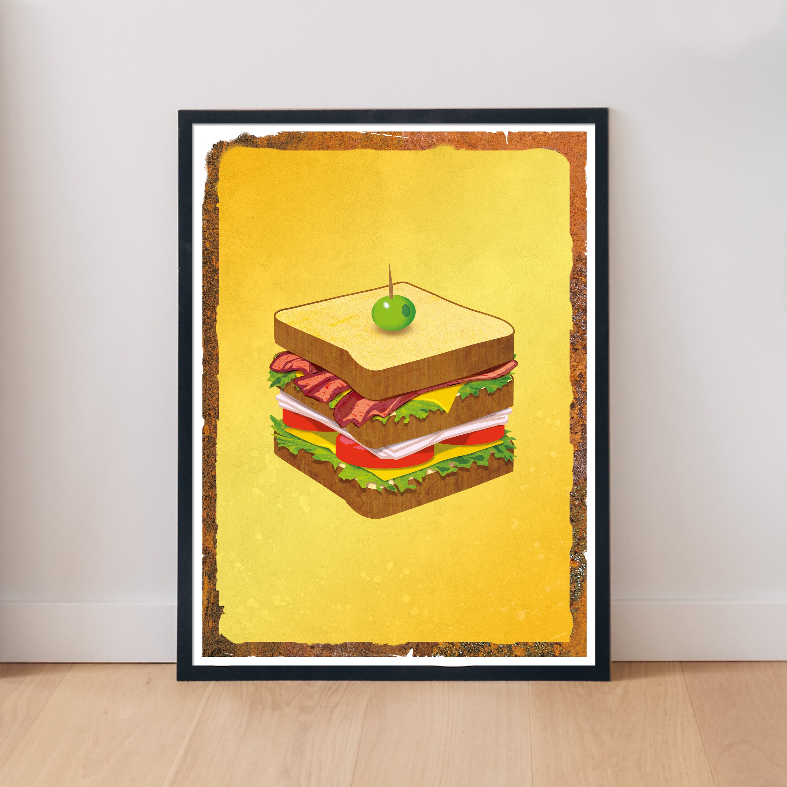 Vintage Club Sandwich on Yellow Rust Background. Food Poster. Digital ...