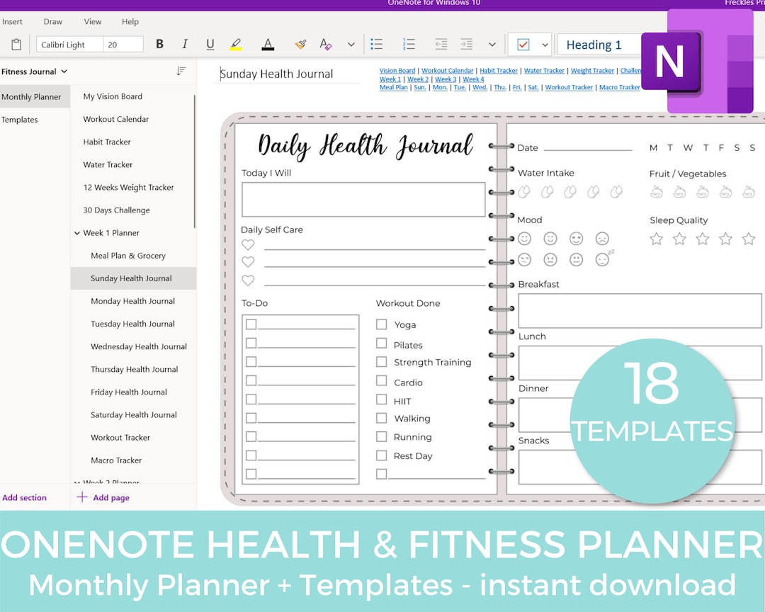 Onenote Fitness Planner, Weight Loss Journal, One Note, Exercise ...