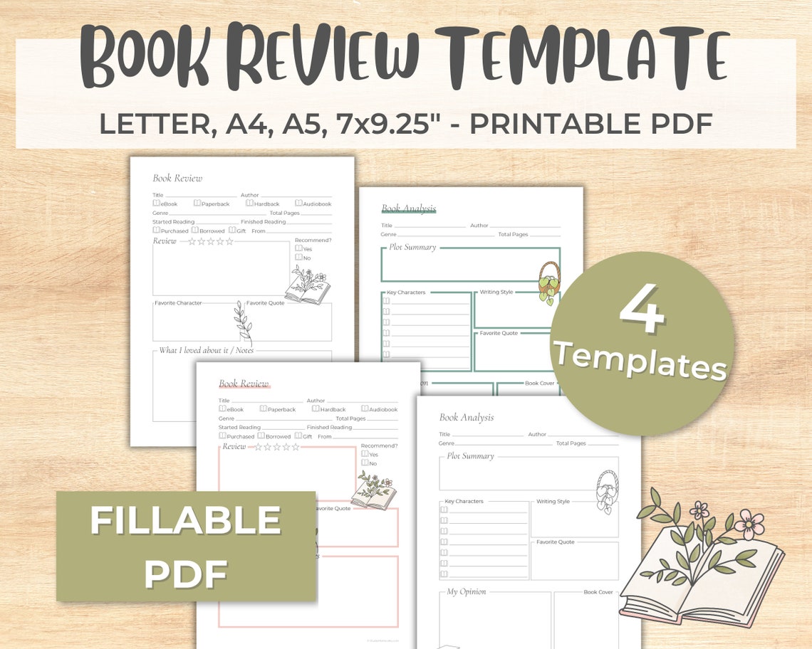 Book Review Template, Fillable Book Reading Journal, Book Log Printable ...
