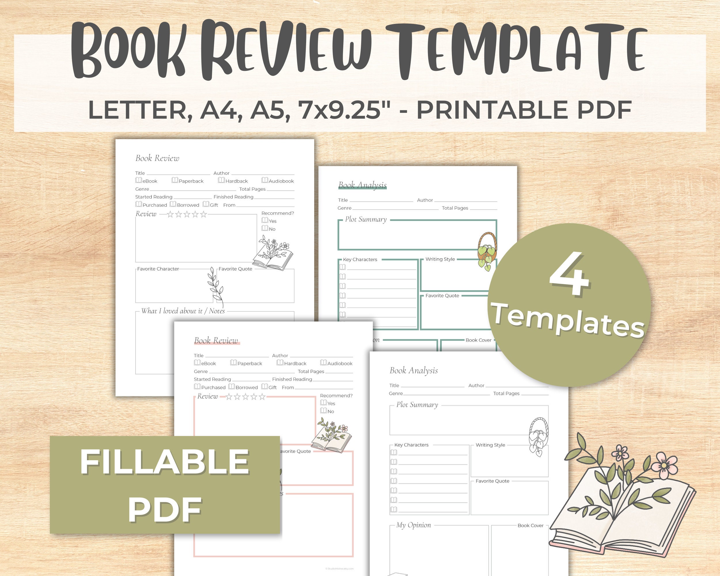 Book Review Template, Fillable Book Reading Journal, Book Log Printable ...