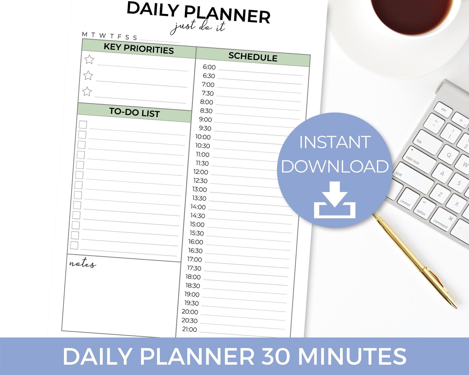 Daily Planner 30 Min Printable Work Planner Daily Schedule | Etsy