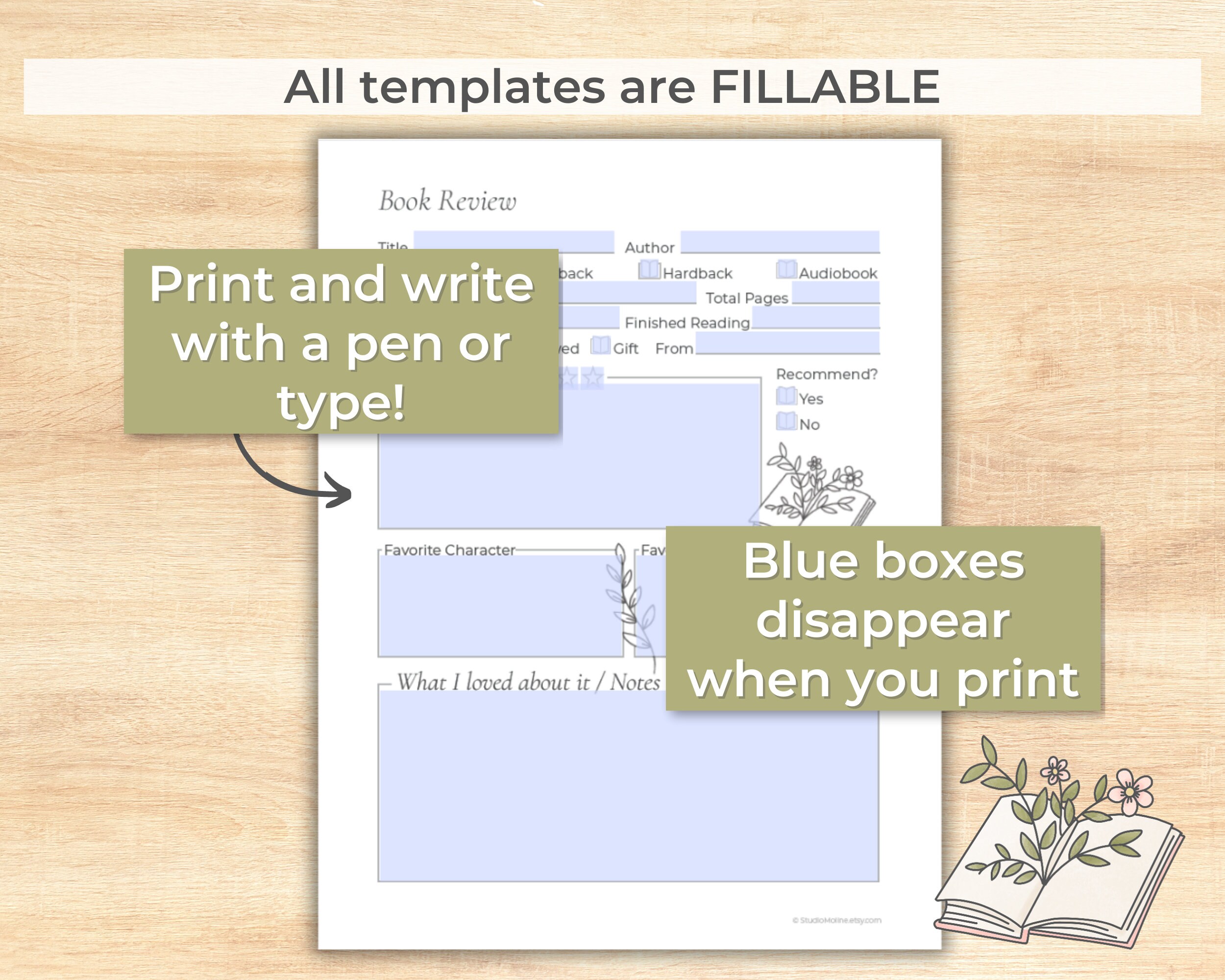 Book Review Template, Fillable Book Reading Journal, Book Log Printable ...