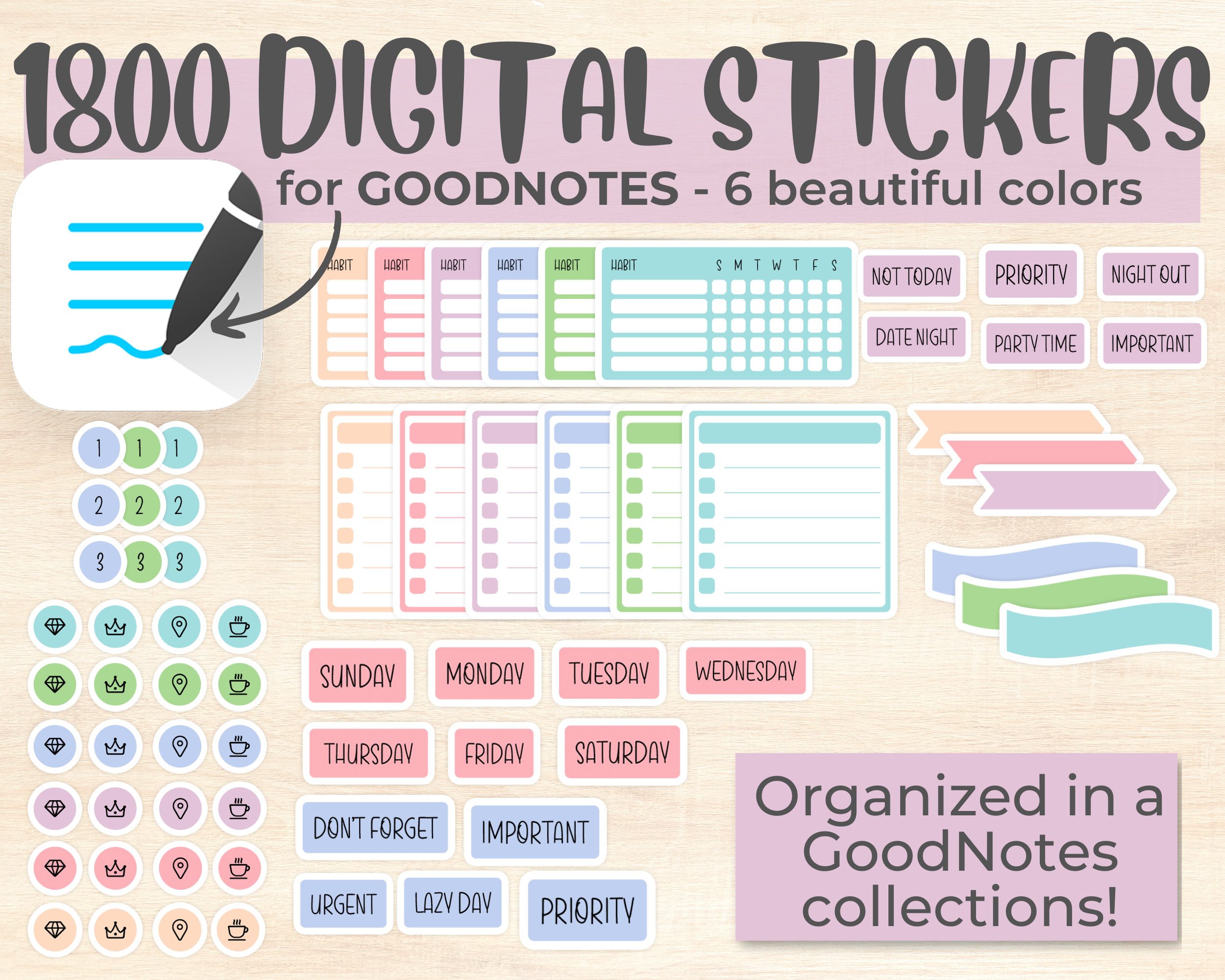 Goodnotes Stickers, Digital Sticker Pack With 1800+ Pastel Stickers ...