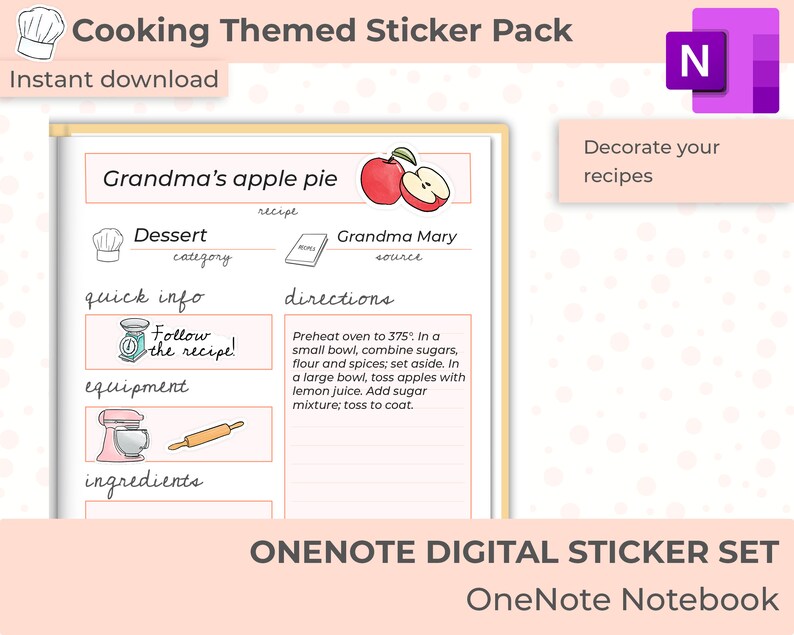 Recipe Planner Digital Stickers, One Note Planner Stickers, Digital ...