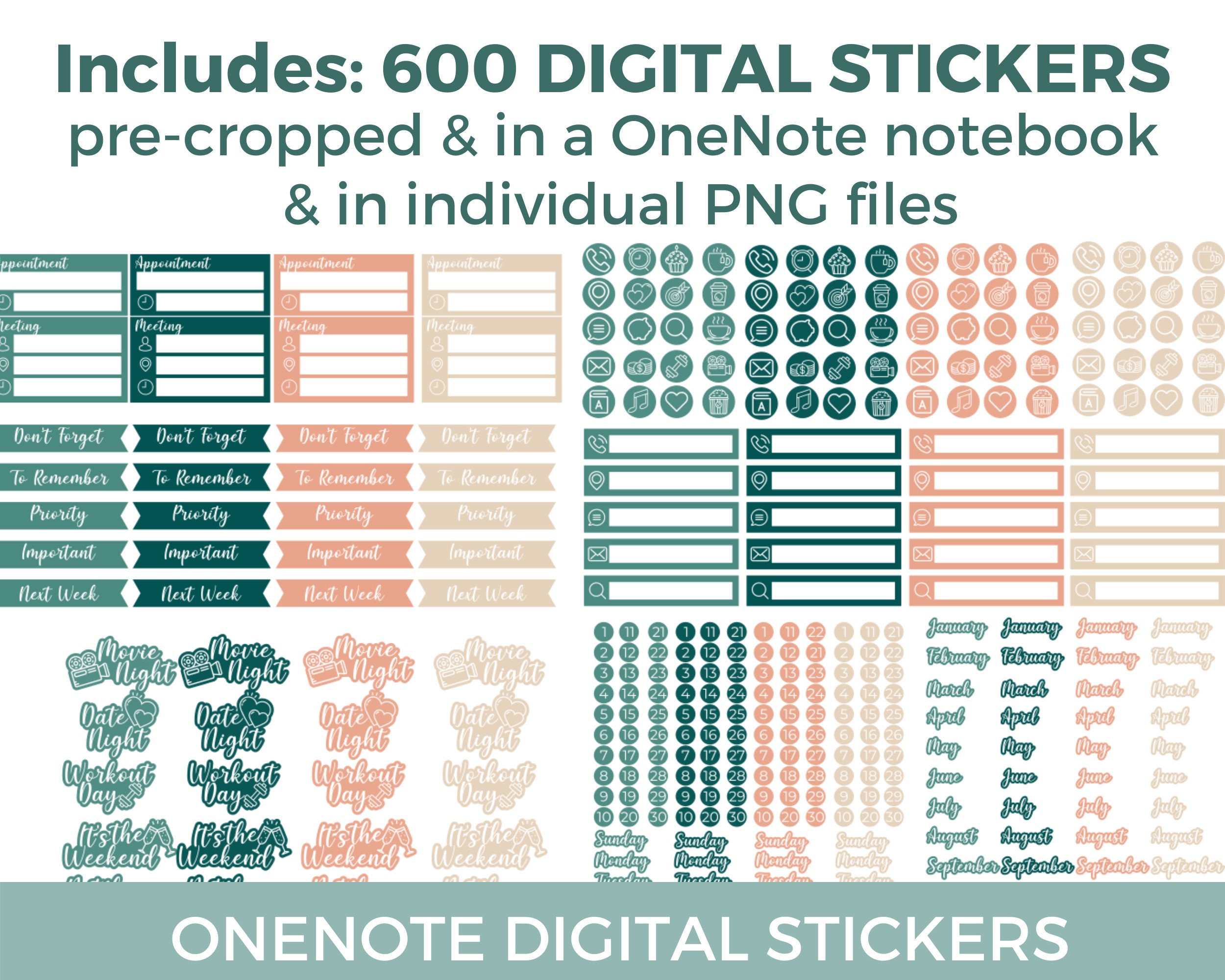 Onenote Digital Stickers, One Note Planner Stickers, Precropped ...