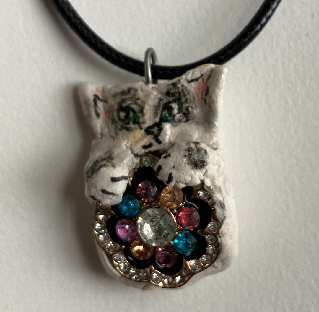 Sparkly Mandala Troublemaker Tuxedo Gray and White Kitty Cat Necklace ...