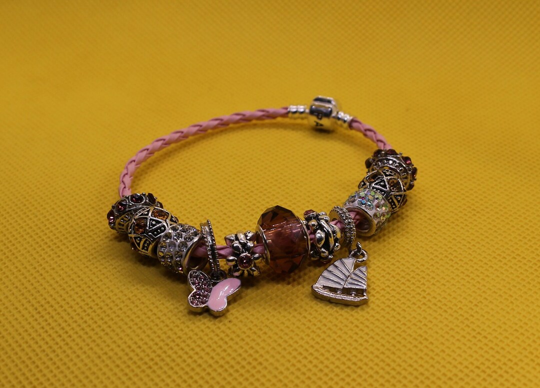 Barbie Inspired Pandora Style Bracelet | Pink Cord & Sparkling Charms ...