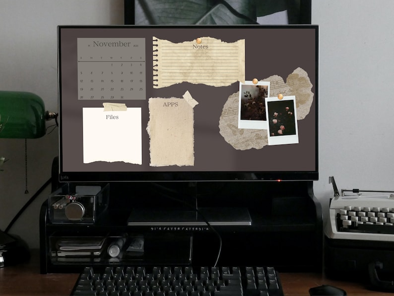 Dark Academia Desktop Wallpaper Organizer: Calendar & Folder Icons ...