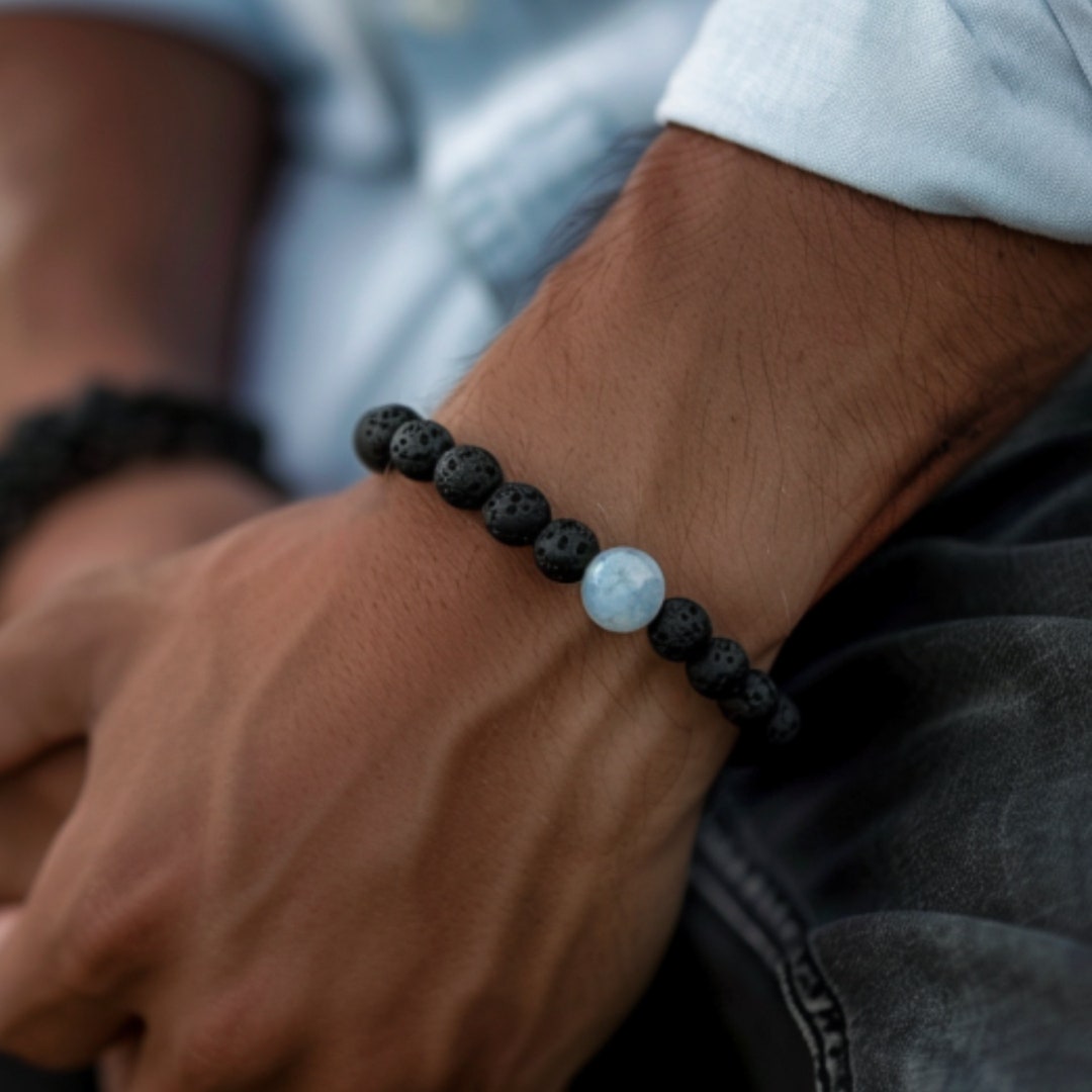 Lava Stone Bracelet, Lava Rock Bracelets for Men, Aquamarine Stone ...