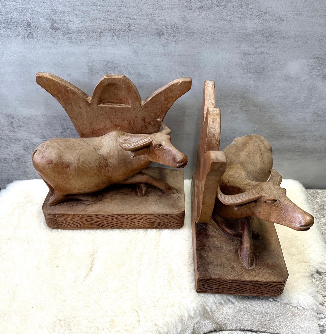 Vintage Art Deco Hand Carved Bookends of Water Buffalos / Solid Wood ...