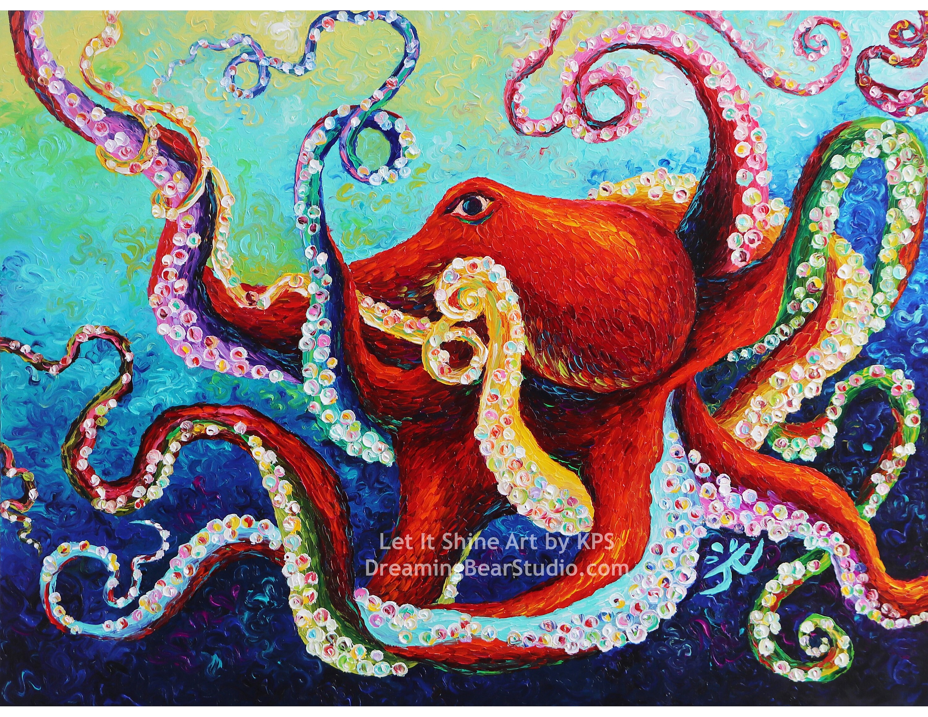 Red Octopus Oil Finger Painting Fine Art Paper Print Art Print of Red ...