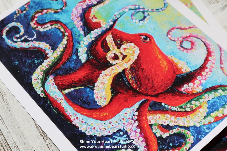 Red Octopus Oil Finger Painting Fine Art Paper Print Art - Etsy